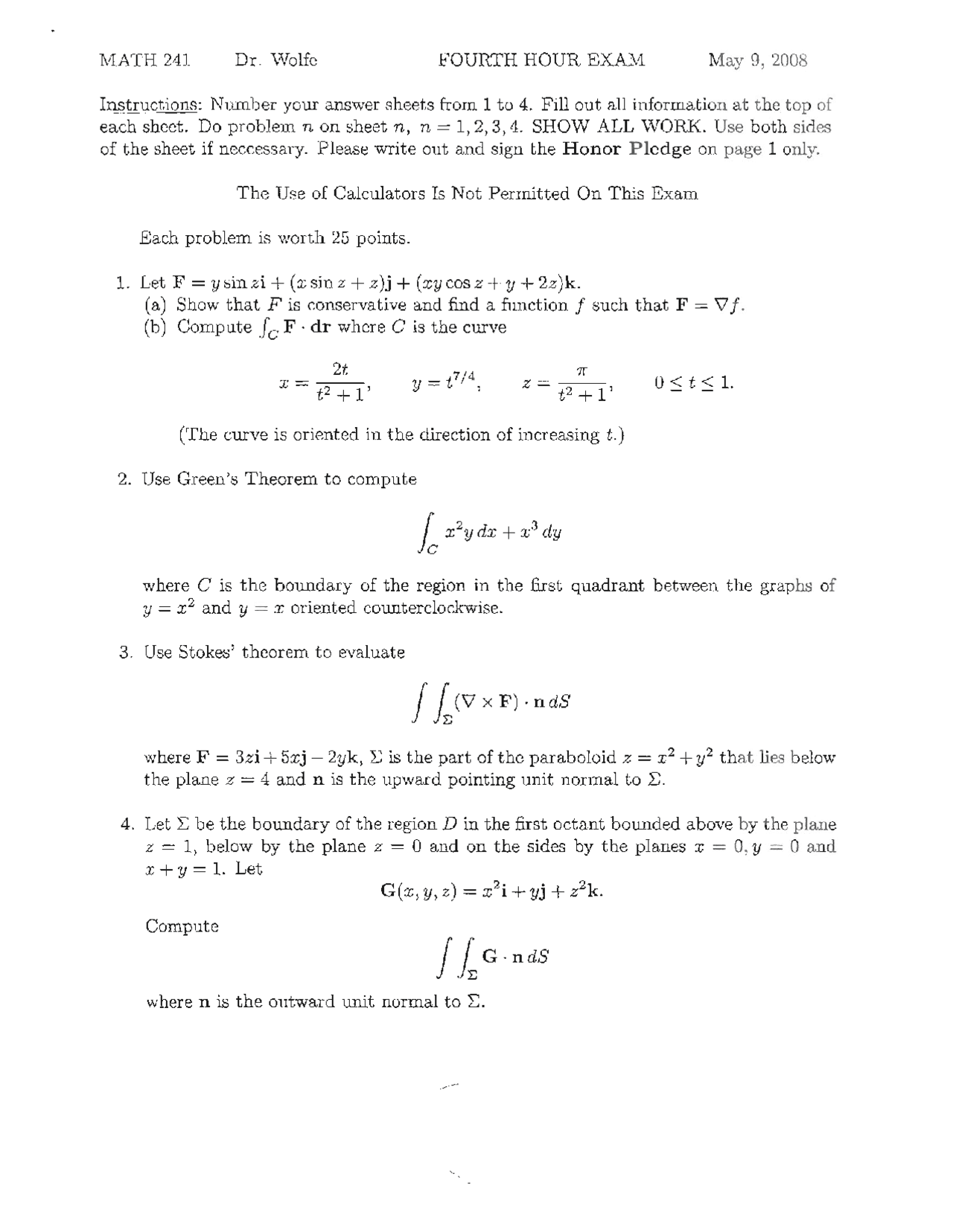Solved Problems On Calculus Iii Exam 4 Math 241 Docsity