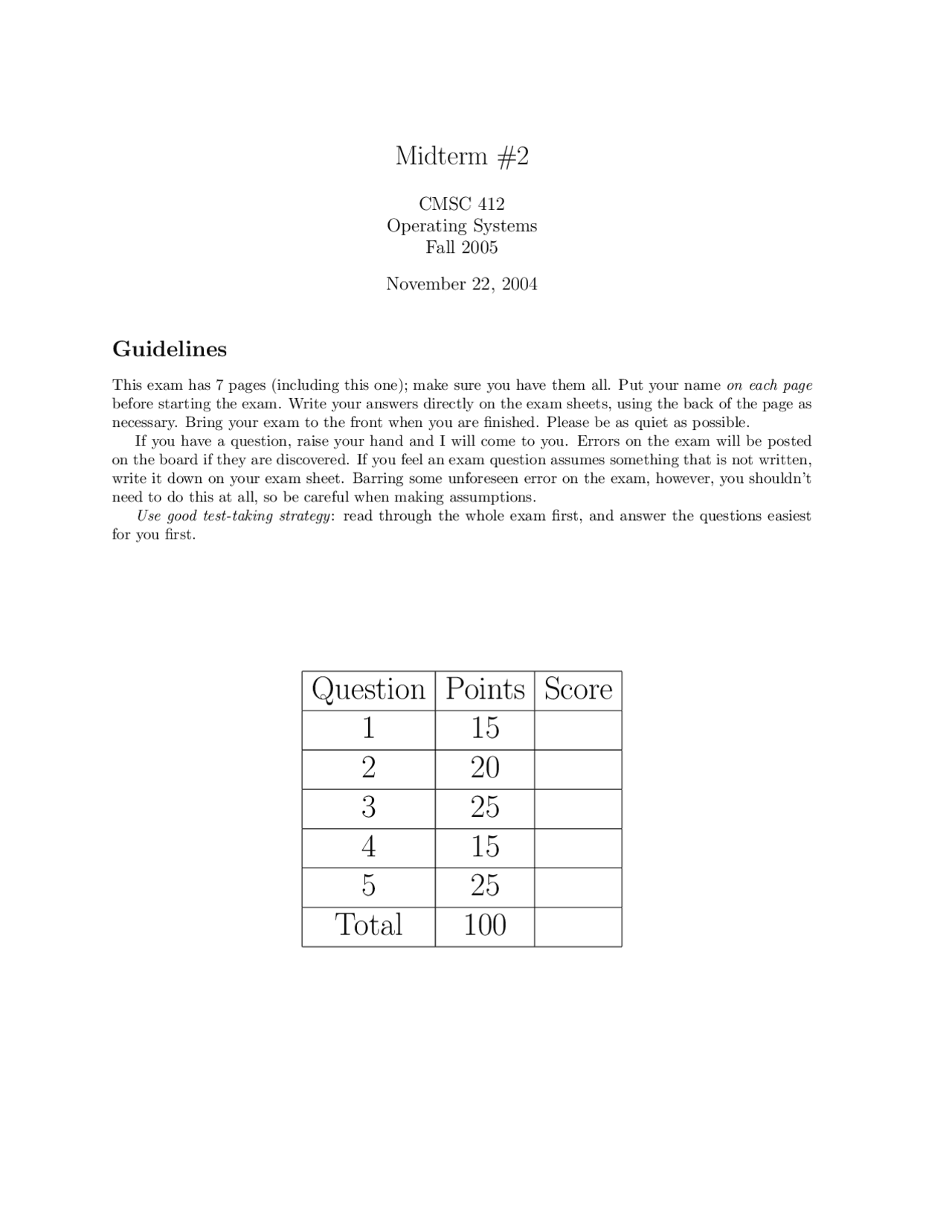 Operating System Exam 2 Questions With Solutions Cmsc 412 Docsity
