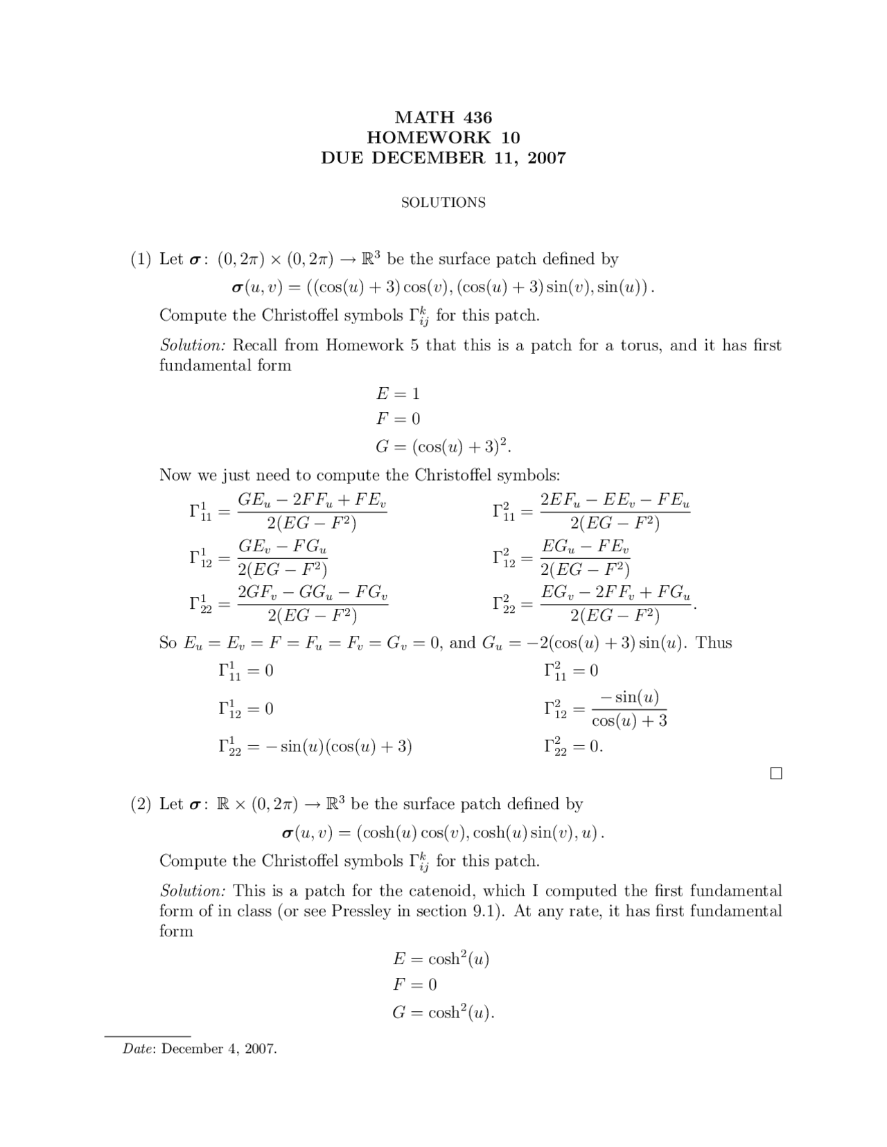 Homework 10 With Solution Key Differential Geometry I Math 436