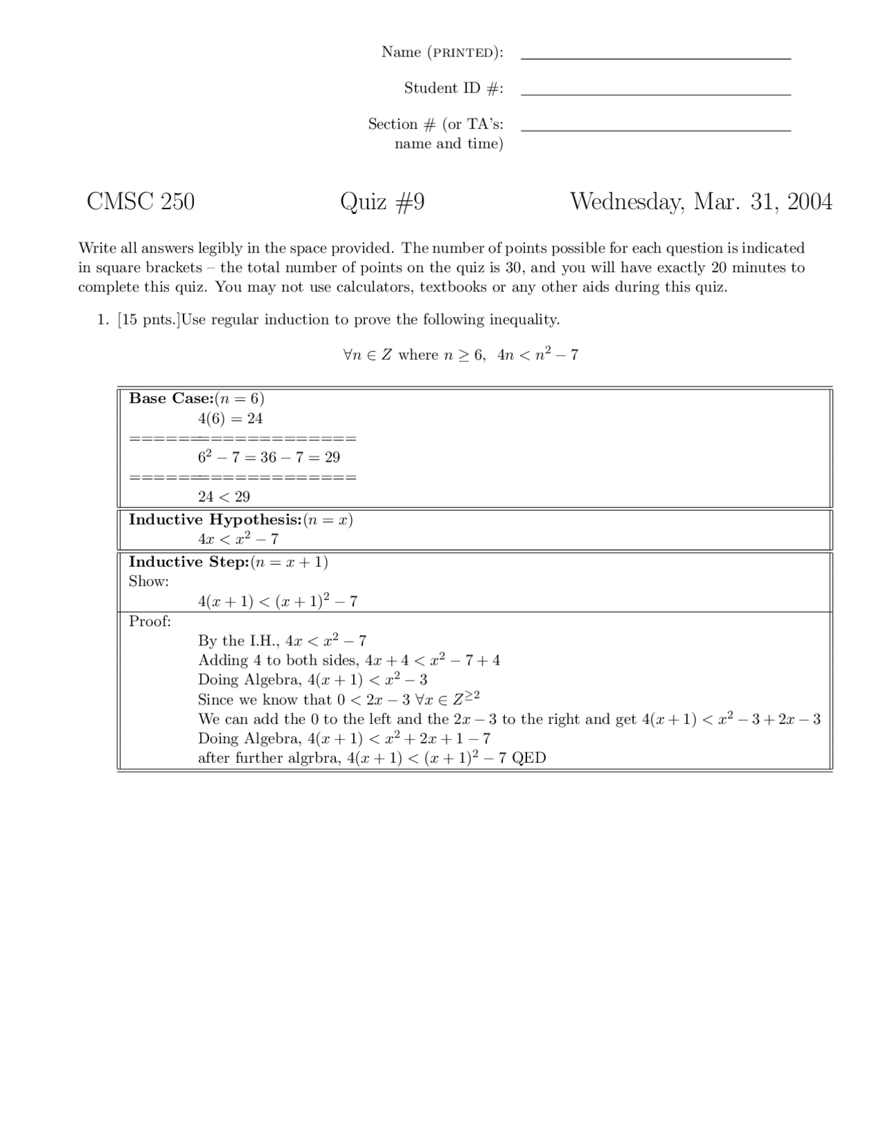 What Is Inductive Hypothesis Quiz 9 With Solution Cmsc 250 Docsity