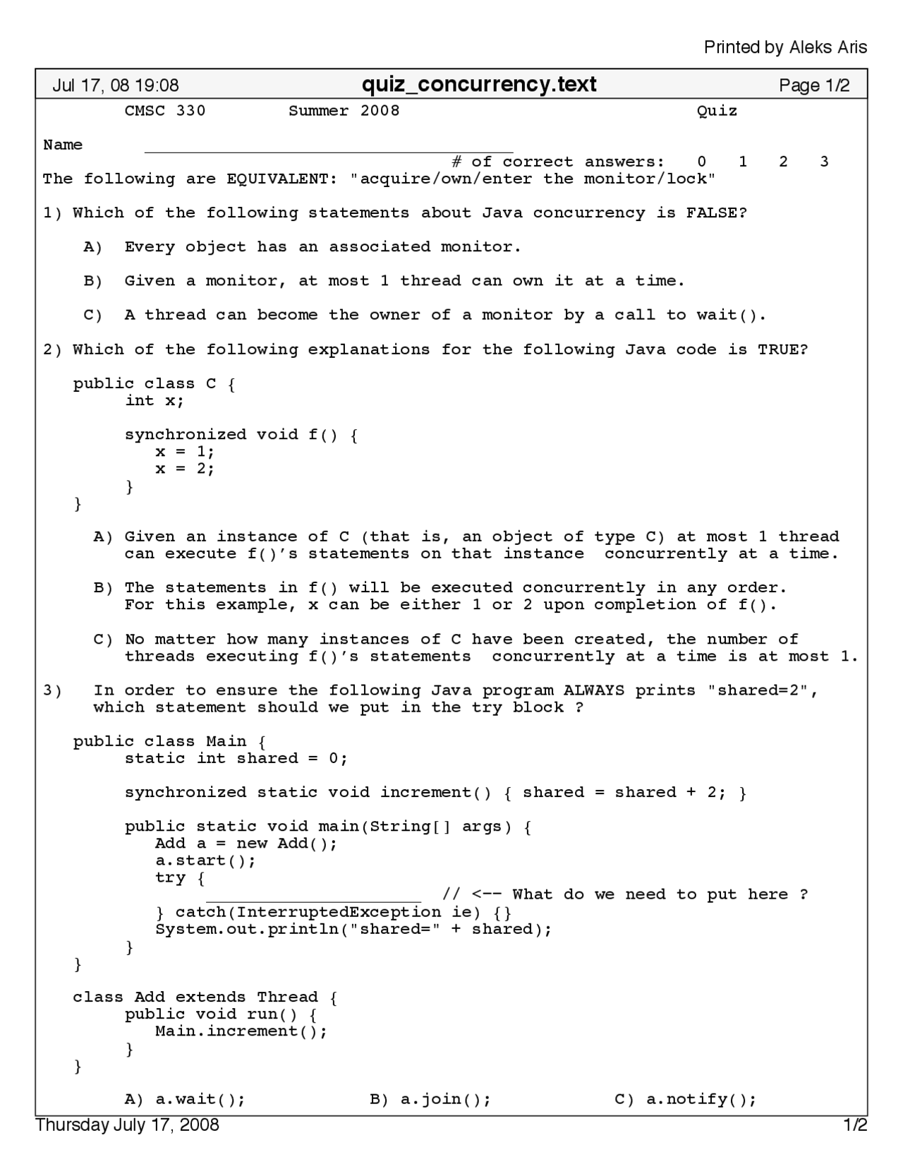 Quiz Concurrency For Organization Of Programming Languages Cmsc 330 Docsity