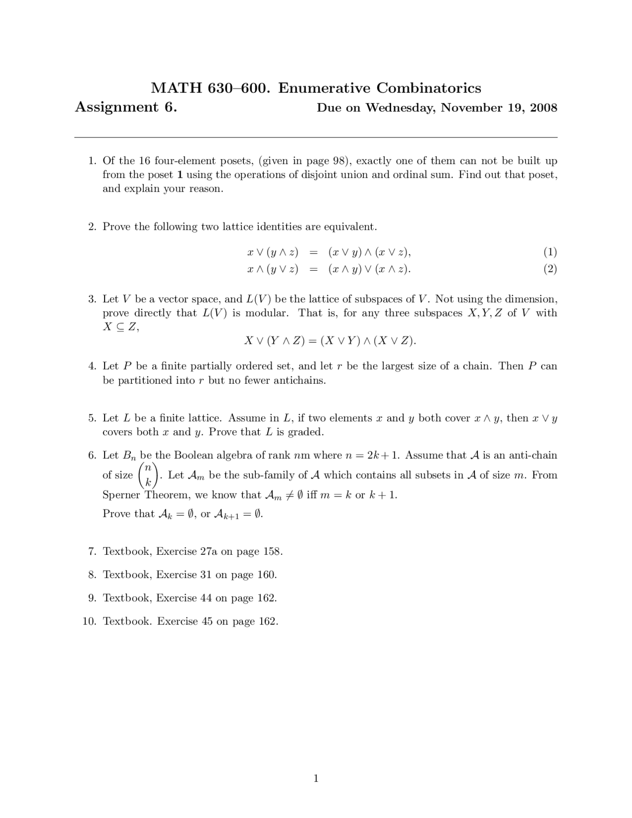 Enumerative Combinatorics Assignment 6 Math 630 Docsity