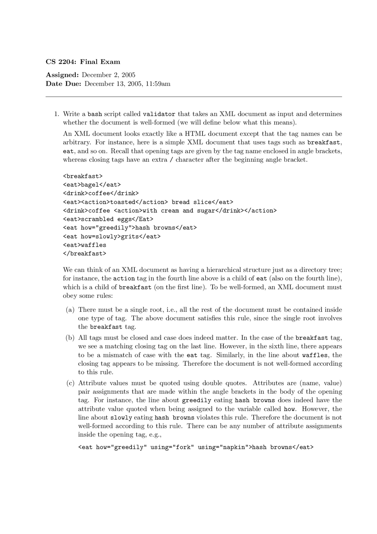 Past Final Exam on Unix - Take Home | CS 2204 - Docsity