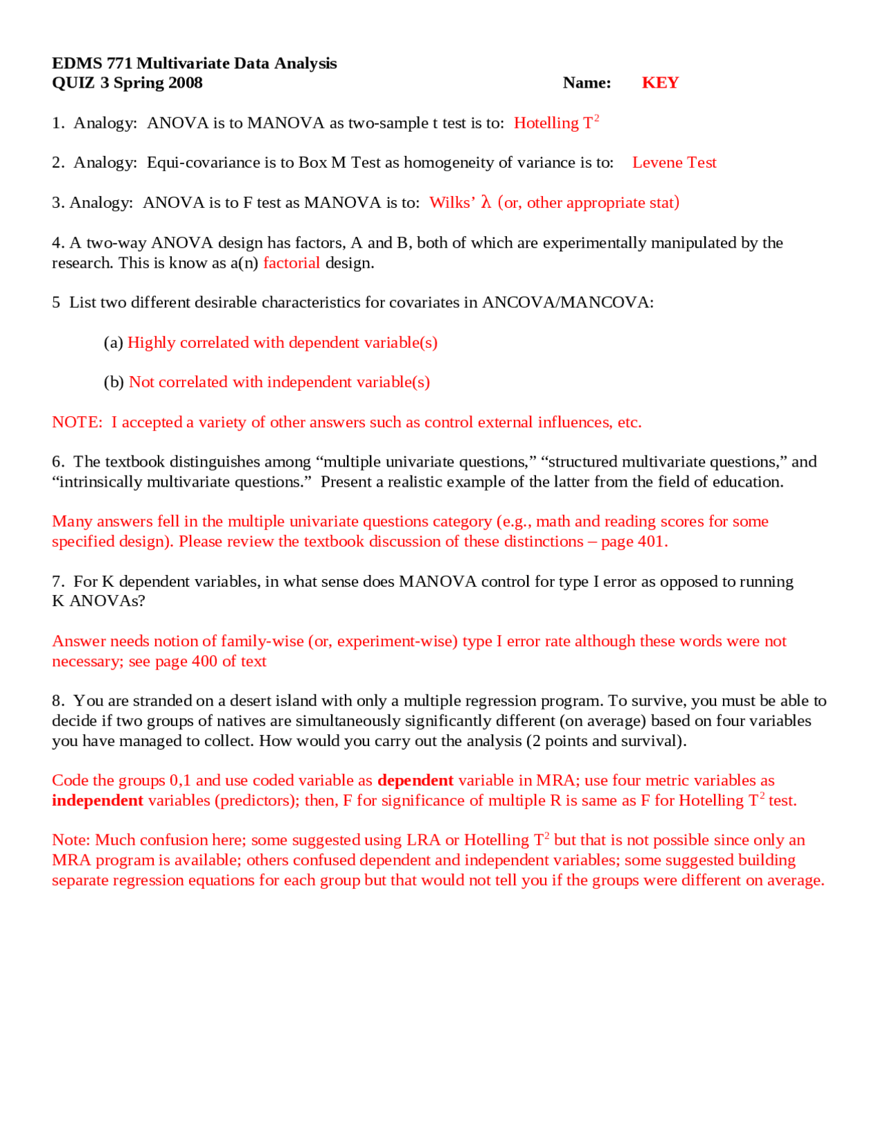 Quiz 3 Answer Key Multivariate Data Analysis Edms 771 Docsity