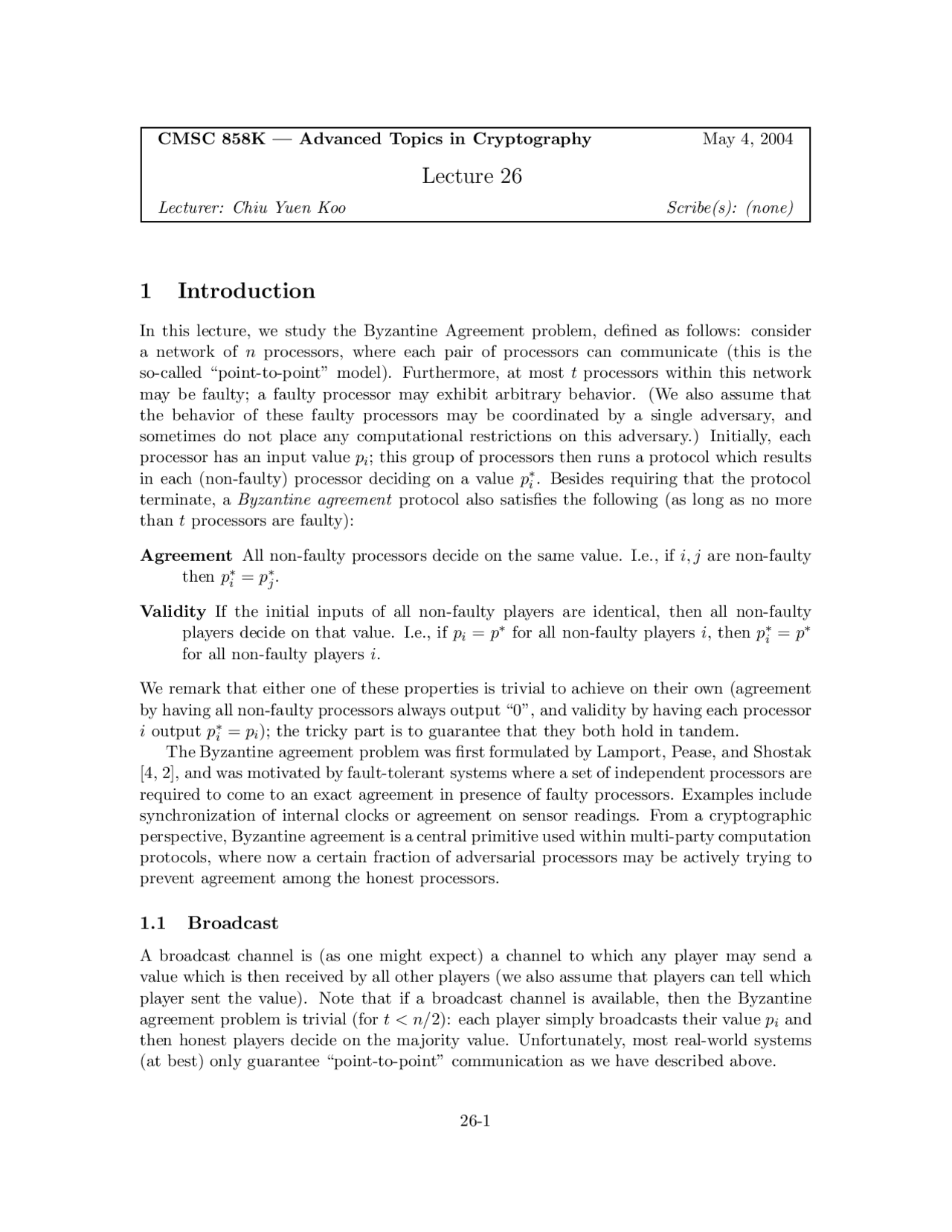 Byzantine Agreement Problem - Notes | CMSC 858K - Docsity