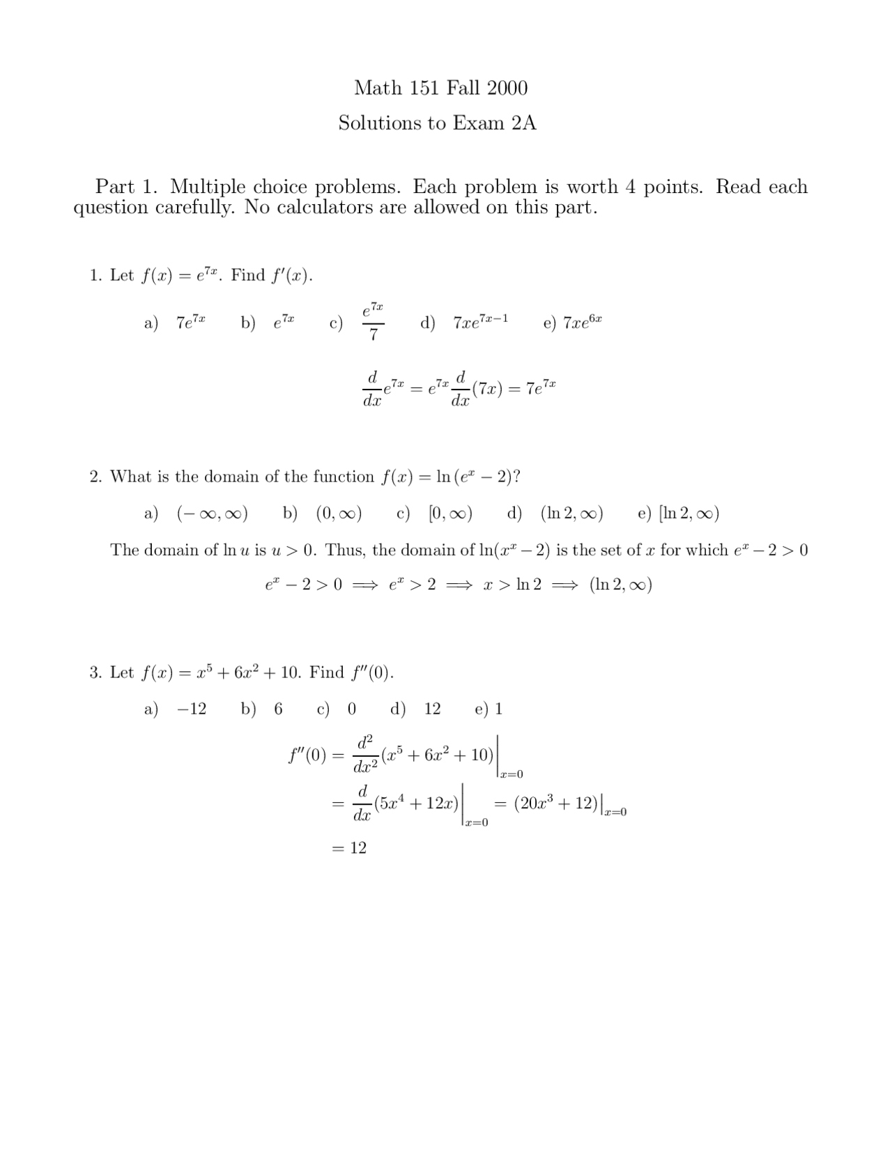 Solutions For Exam 2a Engineering Mathematics I Math 151 Docsity