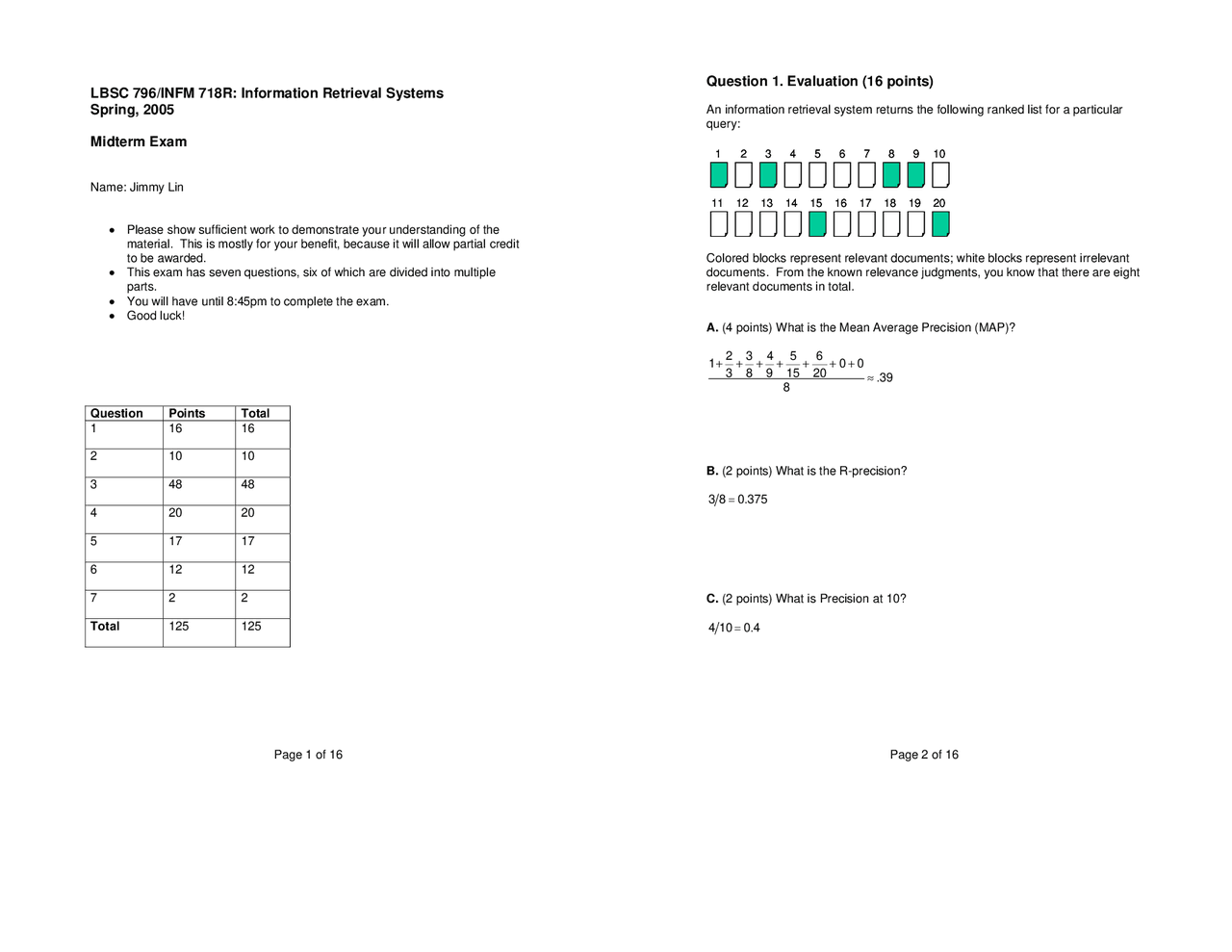Information Retrieval Systems Midterm Exam Questions Lbsc 796