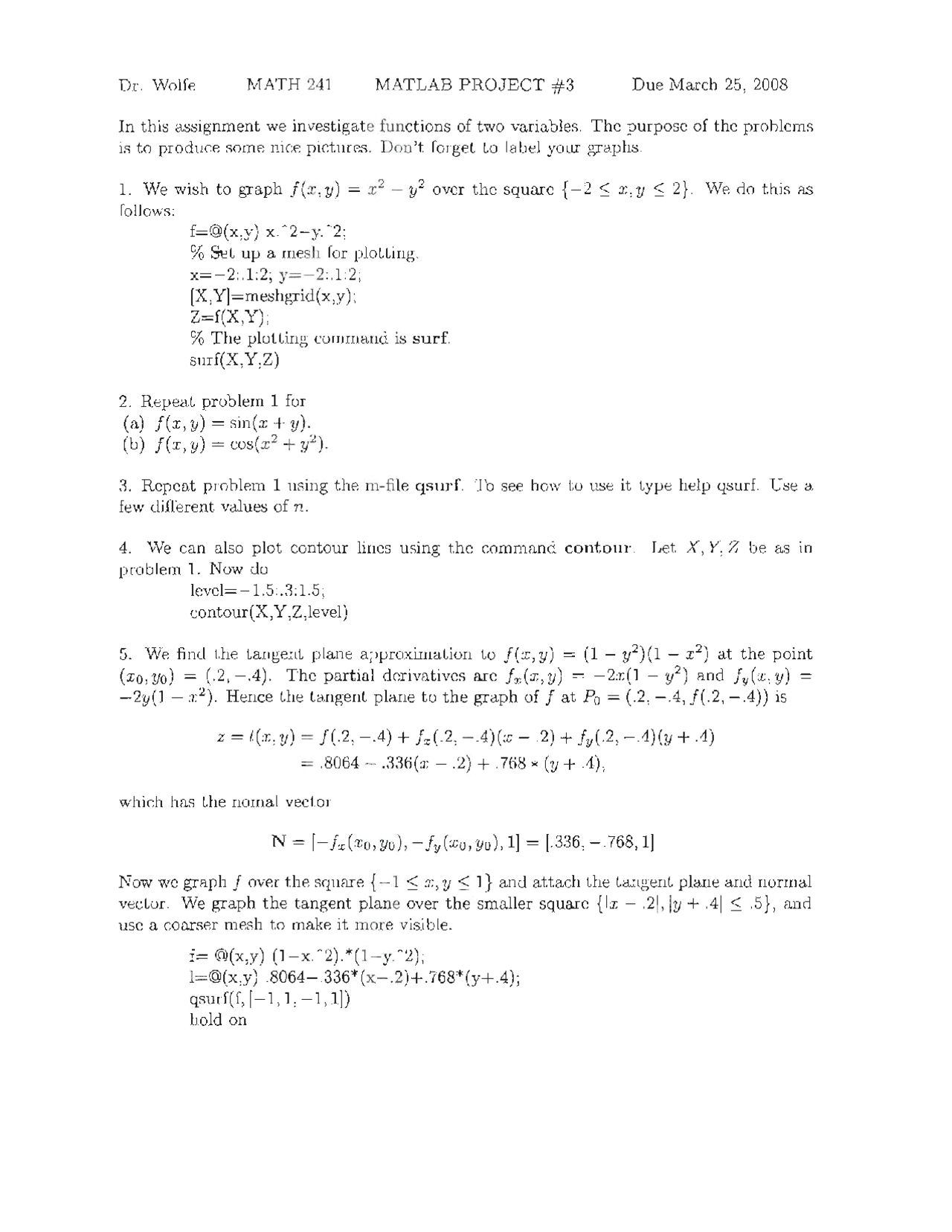 Matlab Project III Questions - Calculus II | MATH 241 | Study Guides, Projects, Research ...