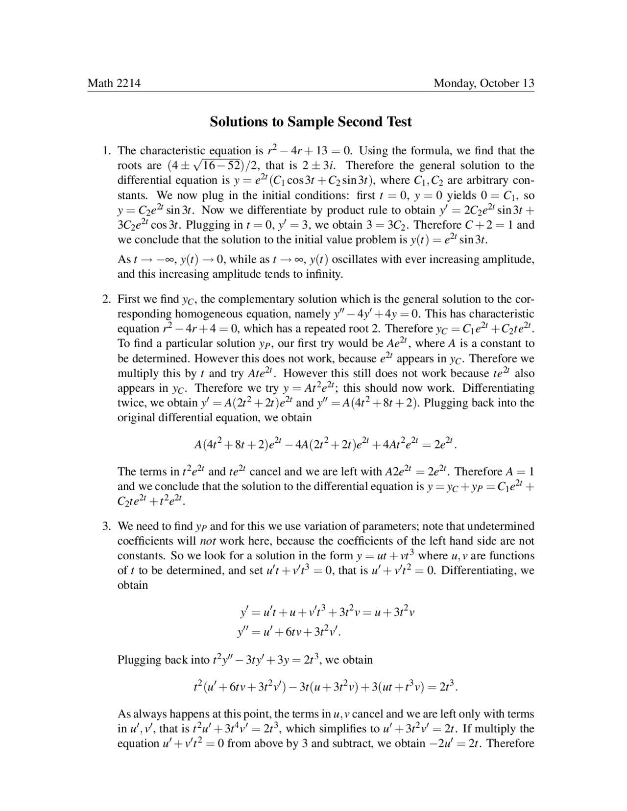 Solution To Sample Second Test Introduction To Differential Equation