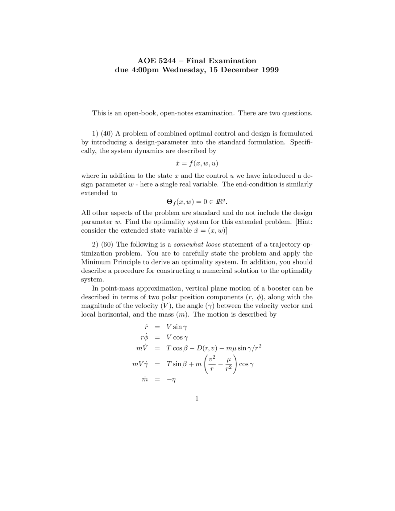 Final Exam For Optimization Techniques Aoe 5244 Docsity