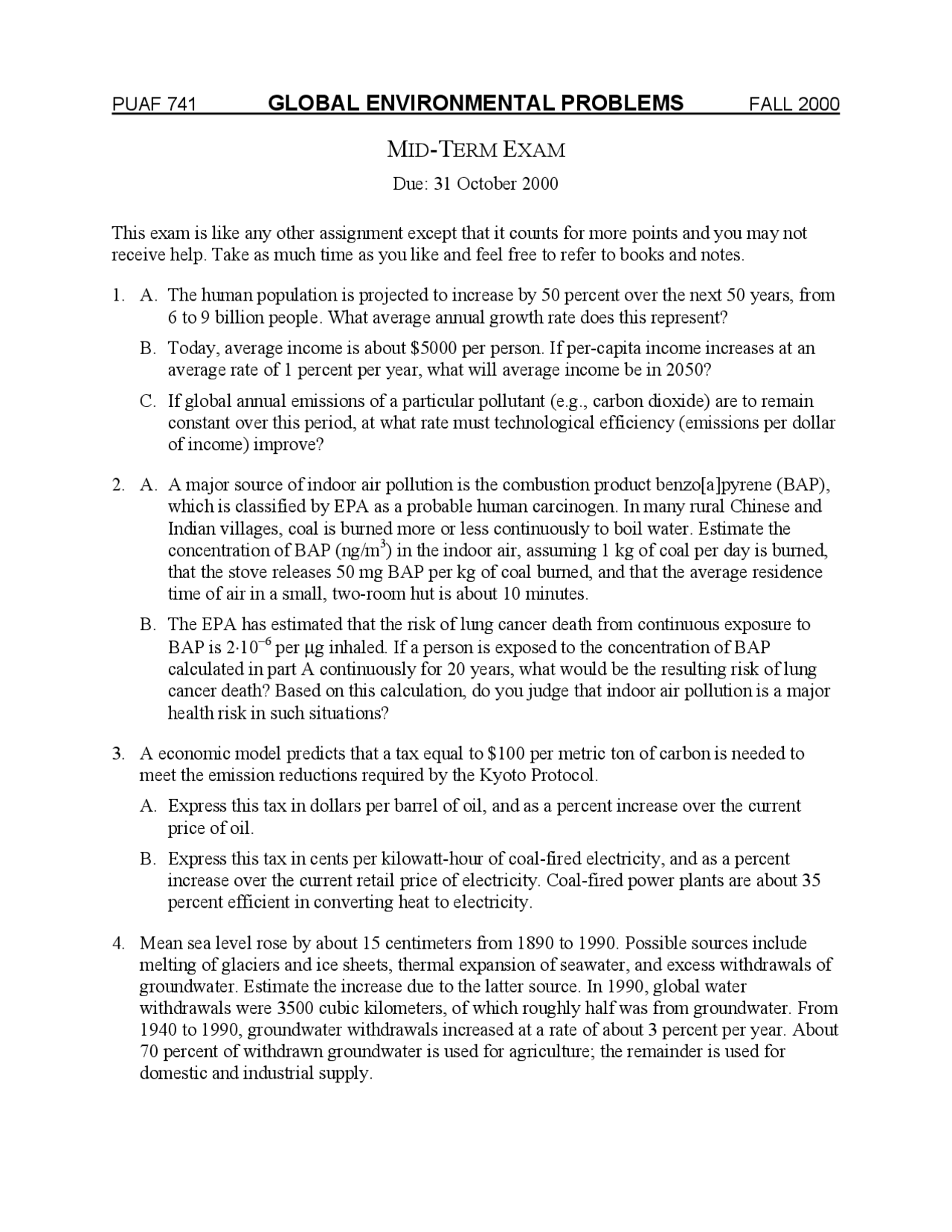 Global Environmental Problems Midterm Examination Fall 2000 Puaf