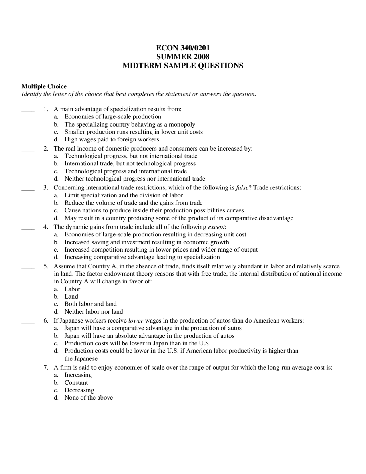 Midterm Sample Questions International Economics Econ 340 Docsity