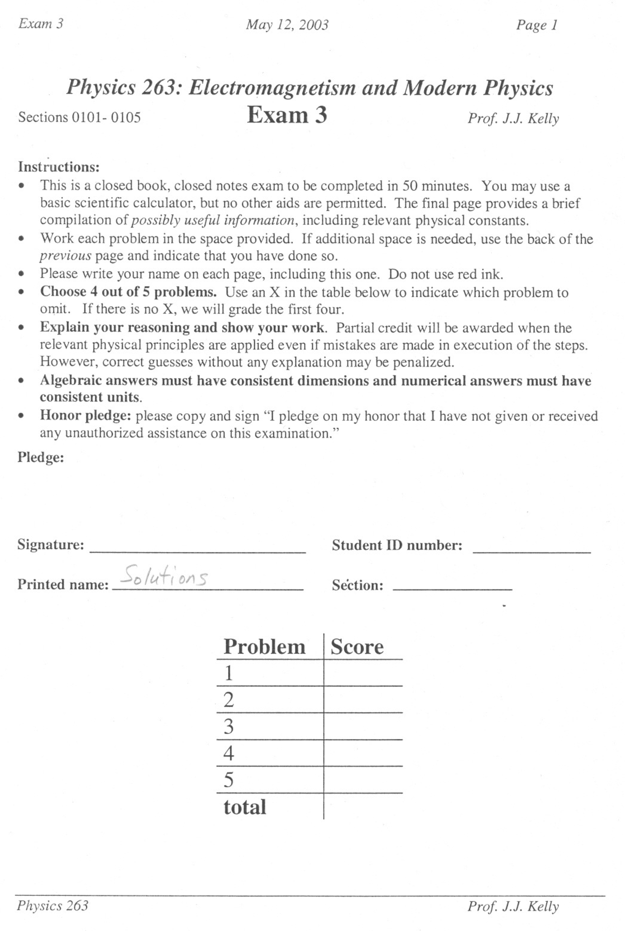 Exam 3 With Solution Electromagnetism And Modern Physics Phys 263