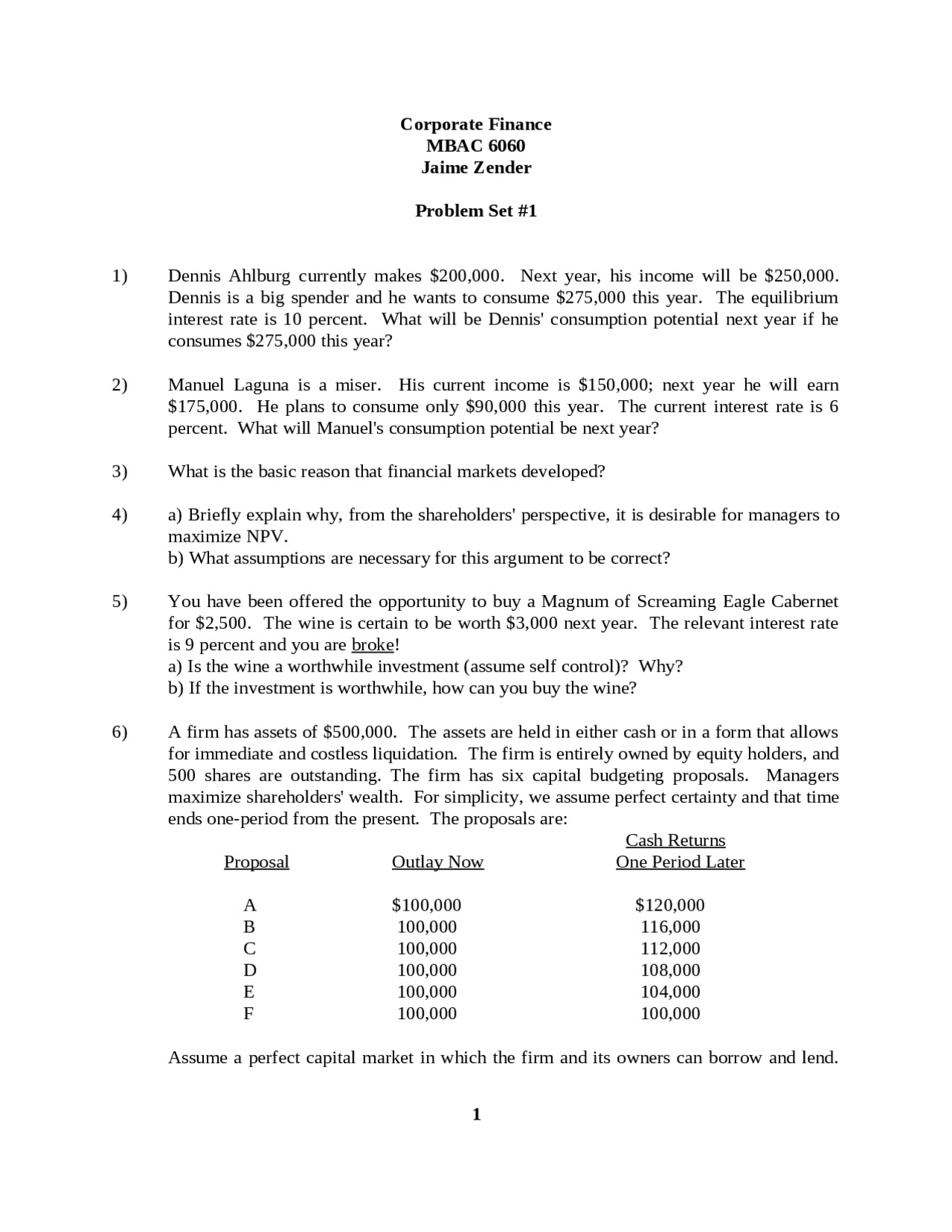 7 Problems For Assignment 1 Corporate Finance Mbac 6060 Docsity