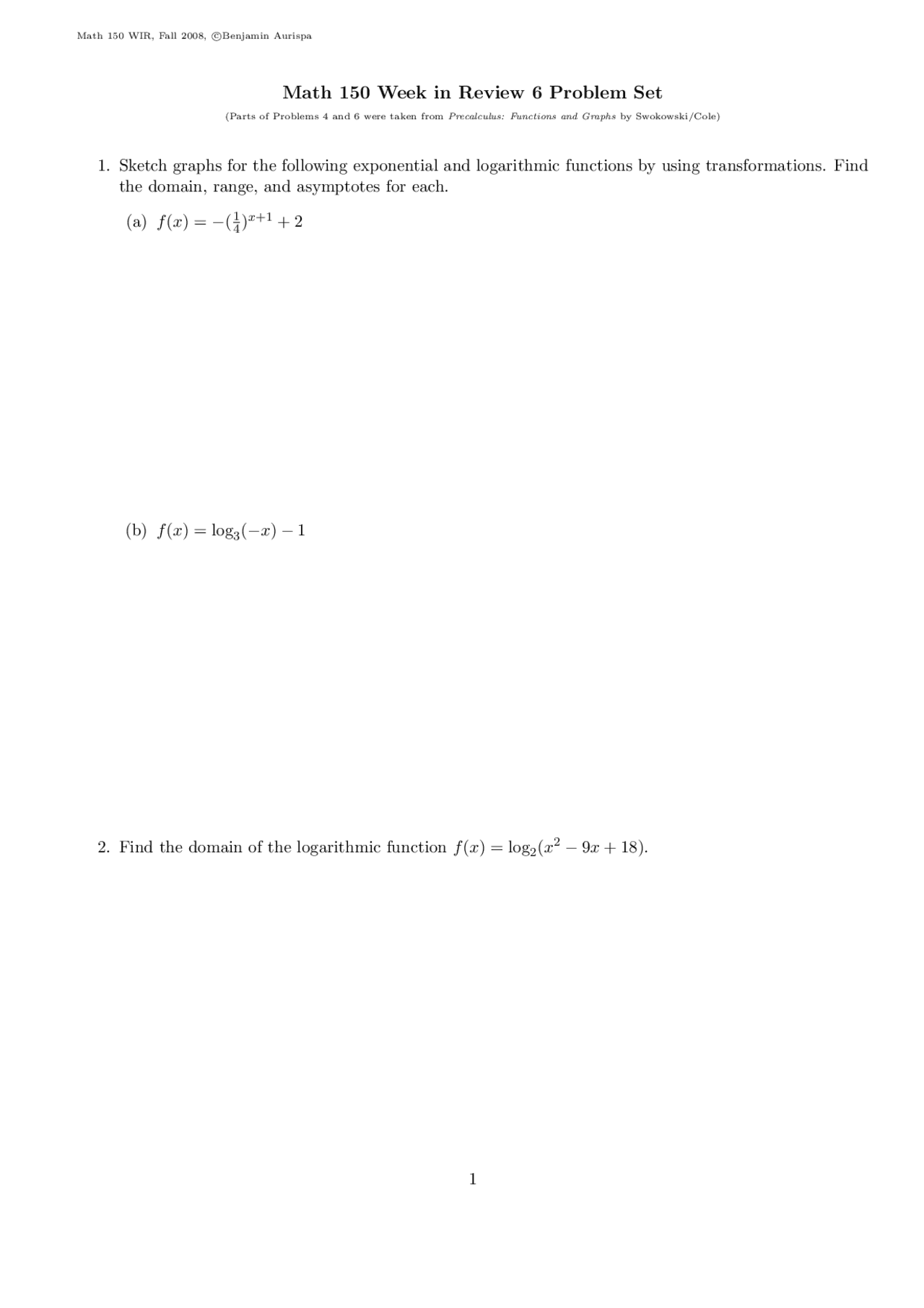 Review 6 Problem Set | Functions, Trigonometry and Linear Systems | MATH 150 | Assignments ...