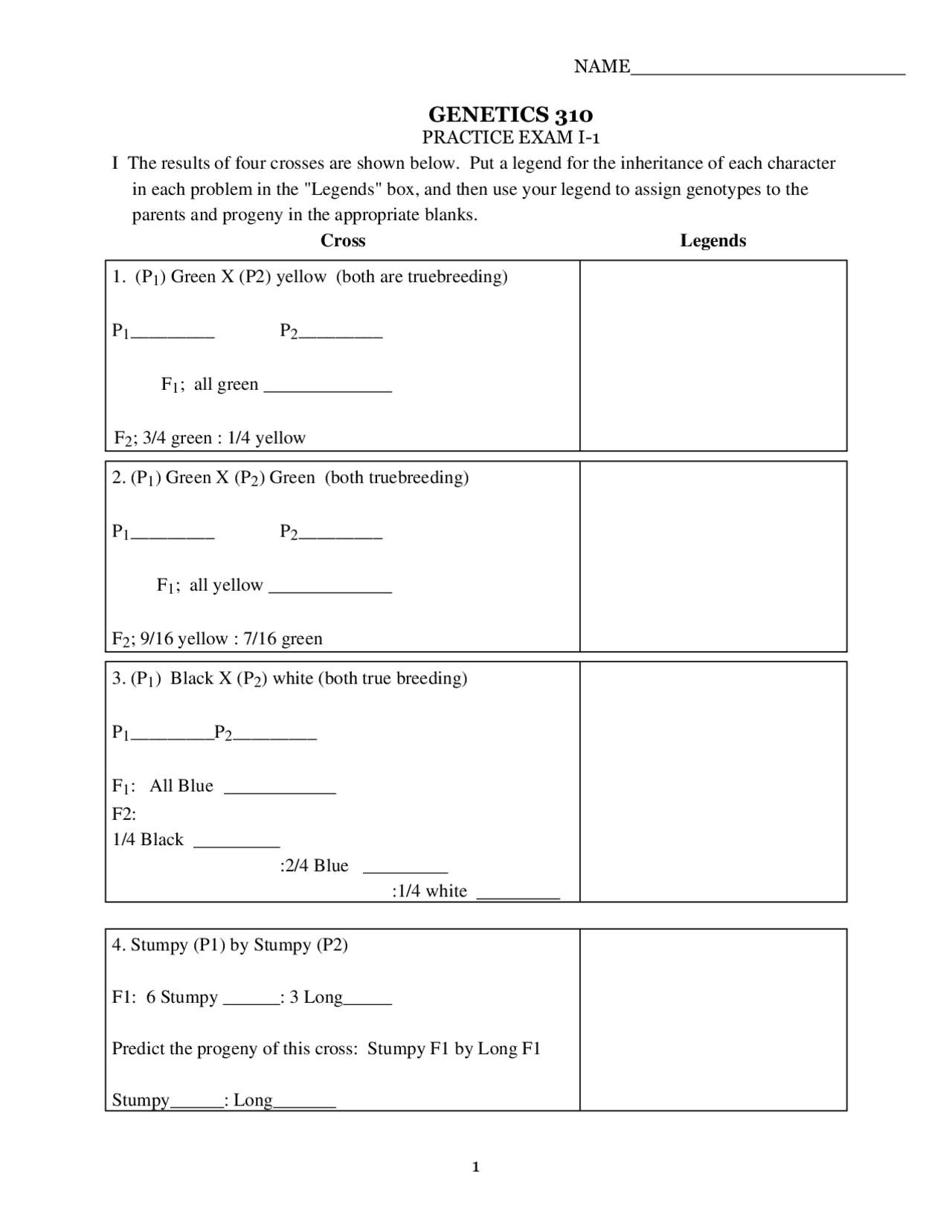 Practice Exam 1 Of Genetics Principles Of Heredity Gene 310 Docsity
