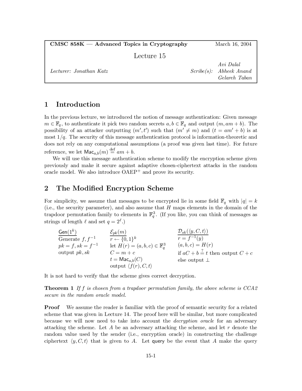 Notes For Advanced Topics In Cryptography Cmsc 858k Docsity