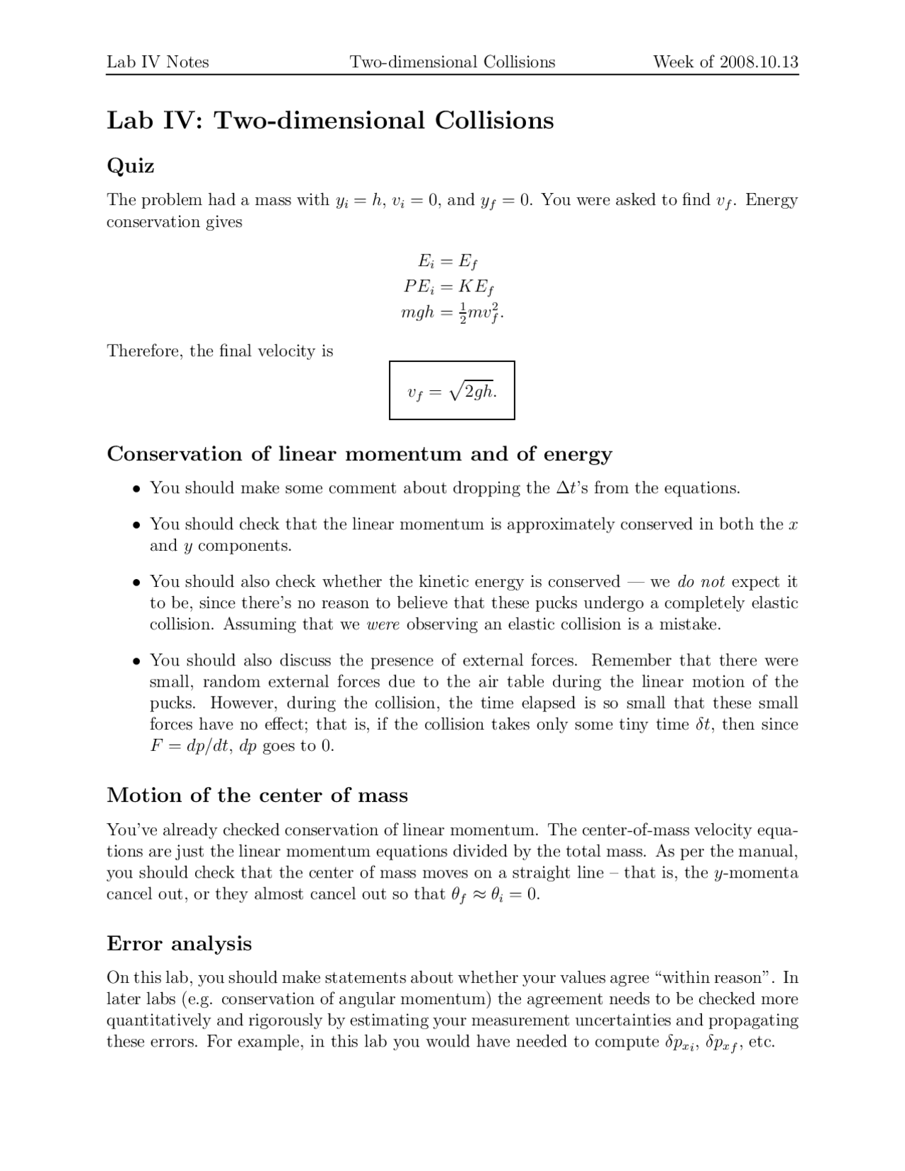 Two Dimensional Collisions - Lab 4 | PHYS 141 - Docsity
