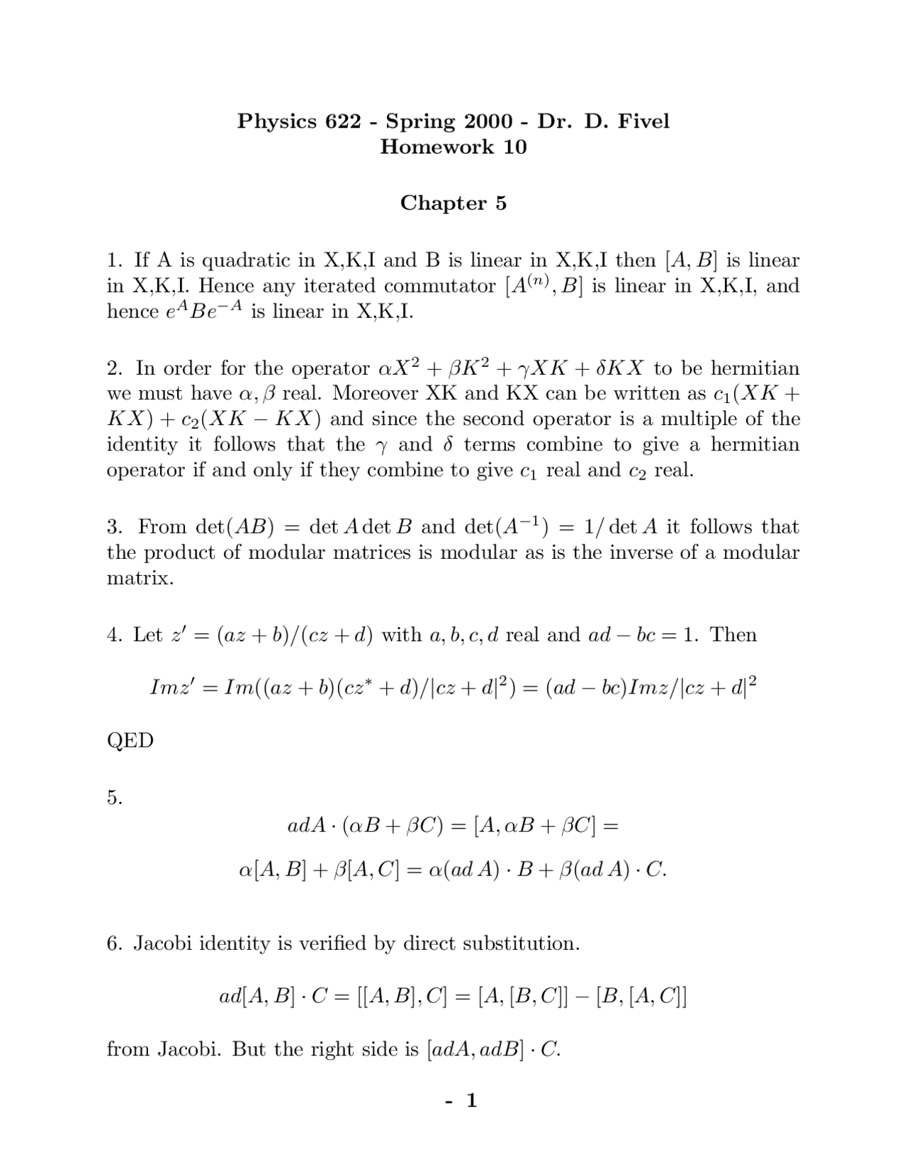 Homework 10 - Introduction Quantum Mechanism I - Spring 2000 | PHYS 622 - Docsity