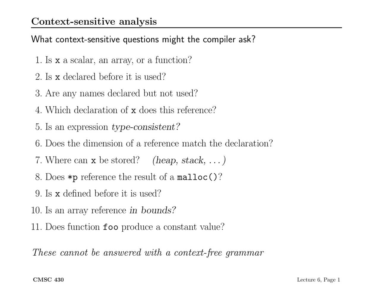Lecture Notes on Context-Sensitive Analysis - Introduction to Compilers ...