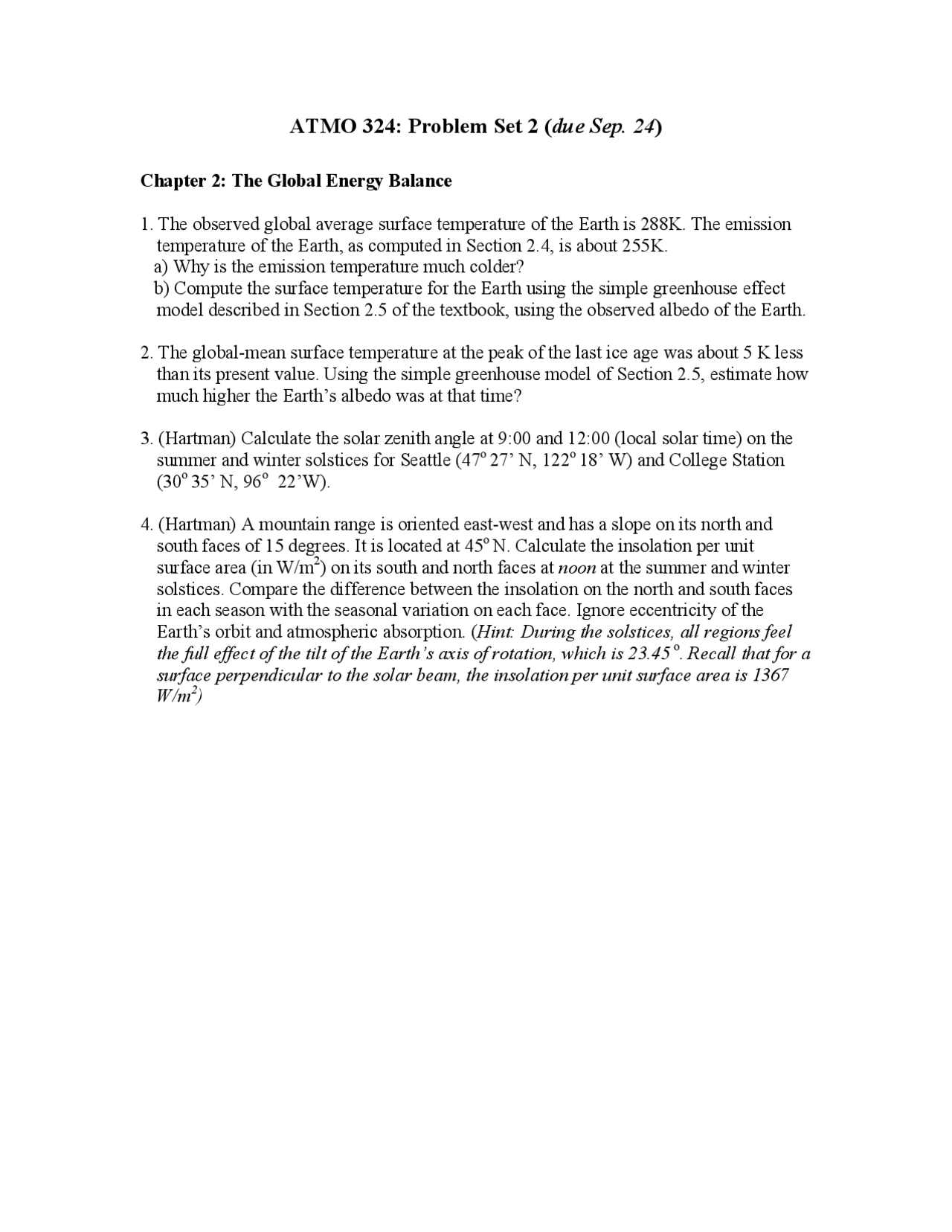 An Introduction To Global Energy Balance Problem Set 2 Atmo 324
