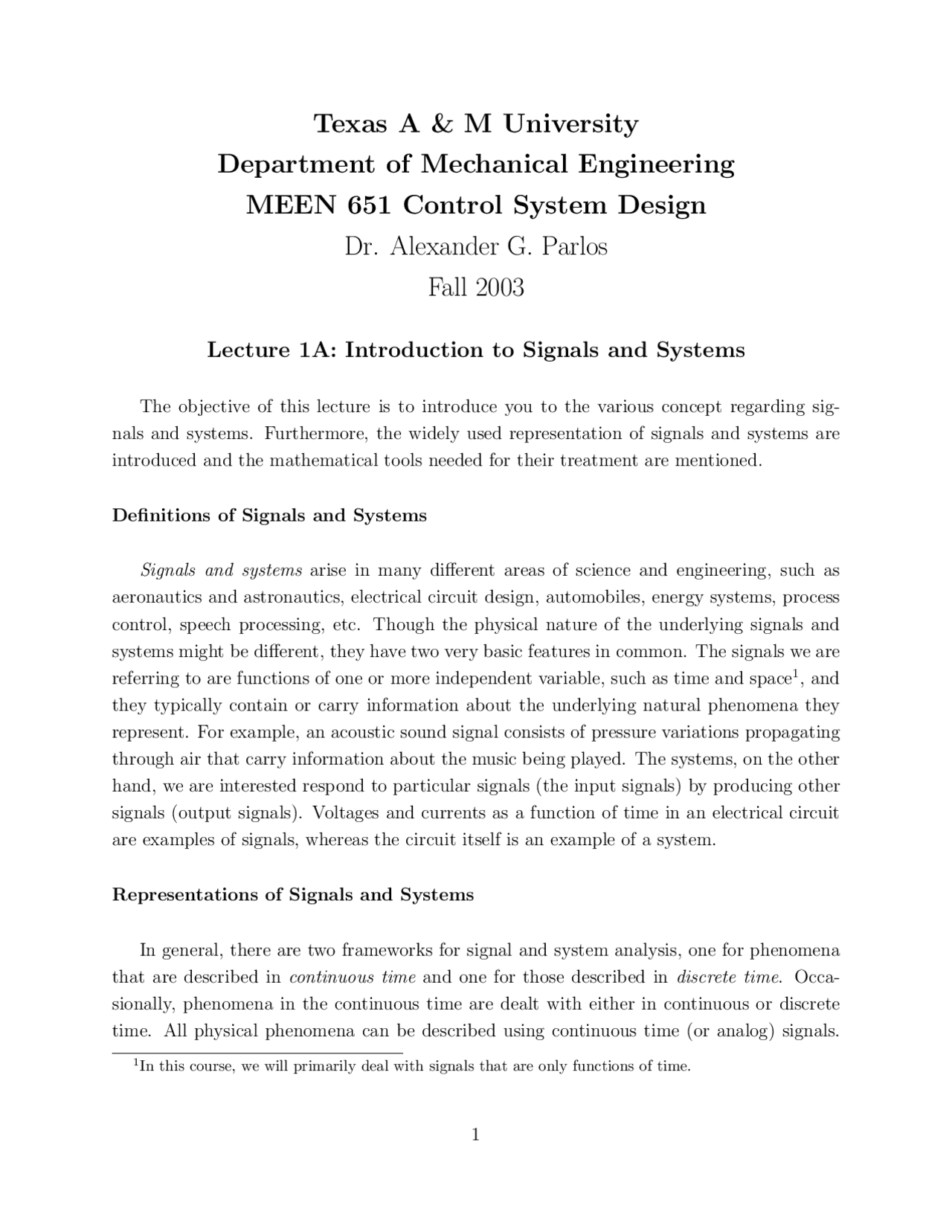 Mechanical Engineering of Control System Design - Lecture Sided | MEEN 651 - Docsity