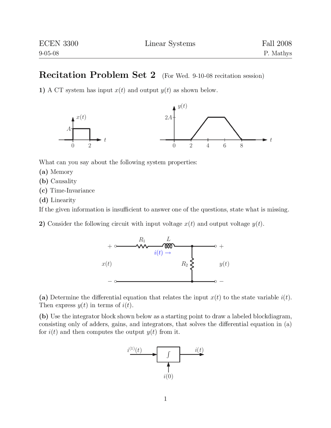 Recitation Problem Set 2 Linear Systems Ecen 3300 Docsity