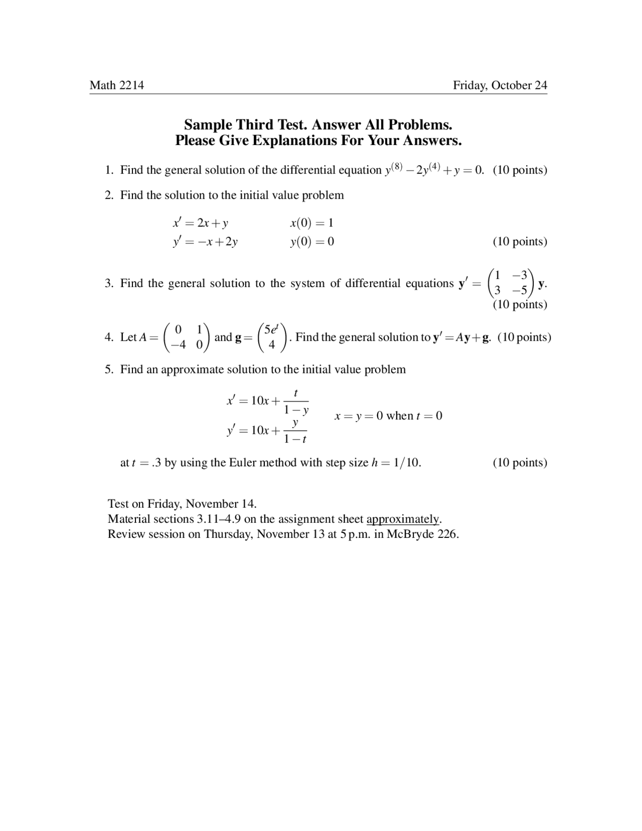 Sample Exam 3 Questions - Introduction to Differential Equations | MATH 2214 - Docsity