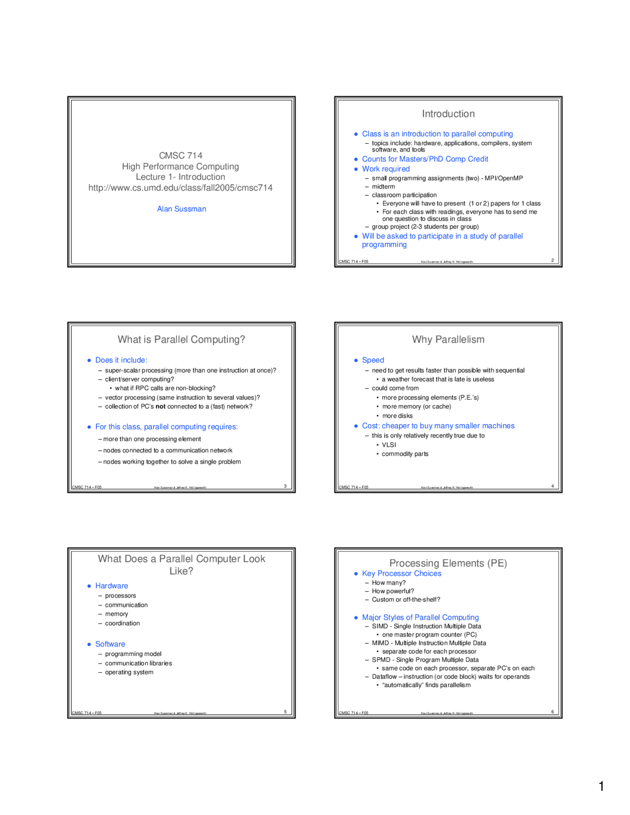 Introduction To Parallel Computing In Cmsc 714 Prof Alan L Sussman