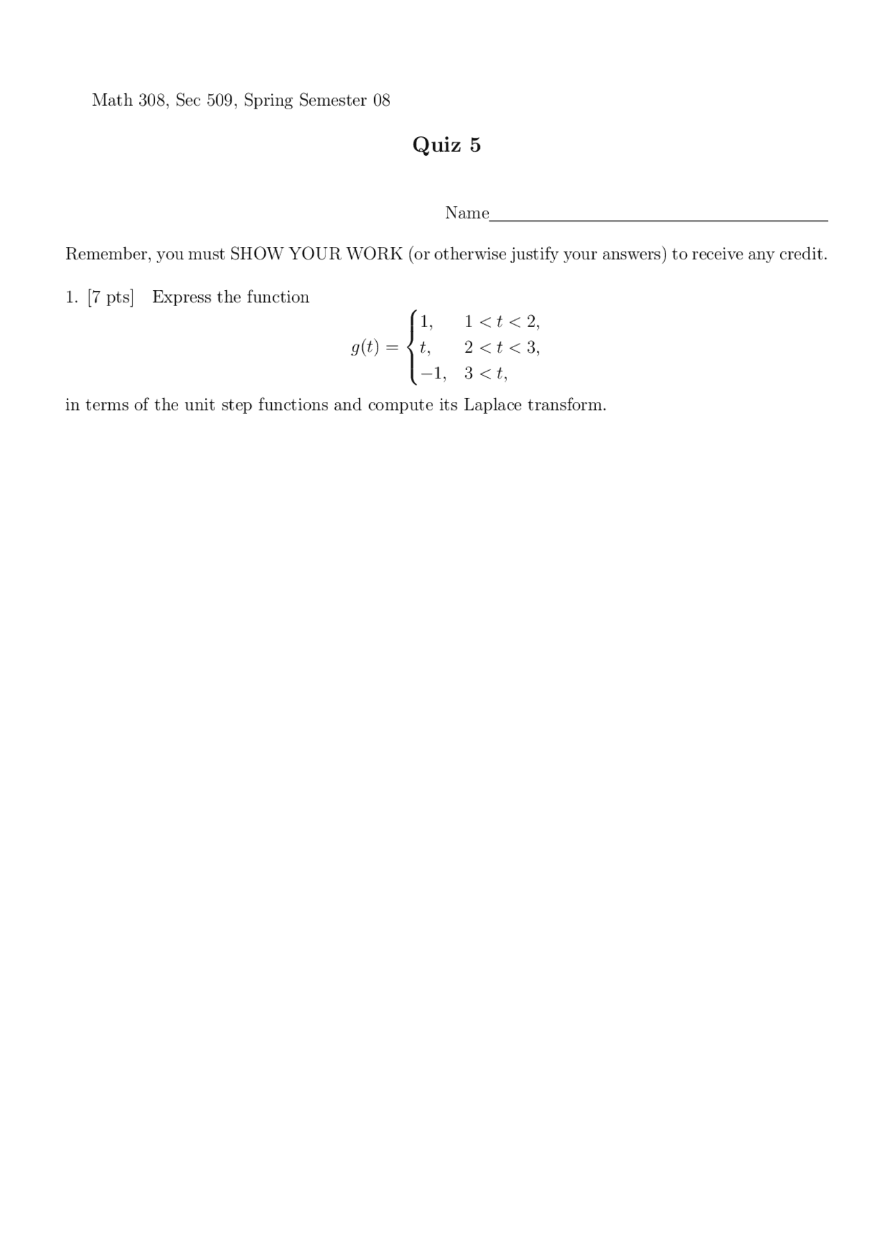 Method Of Laplace Transform Differential Equation Quiz 5 Math 308