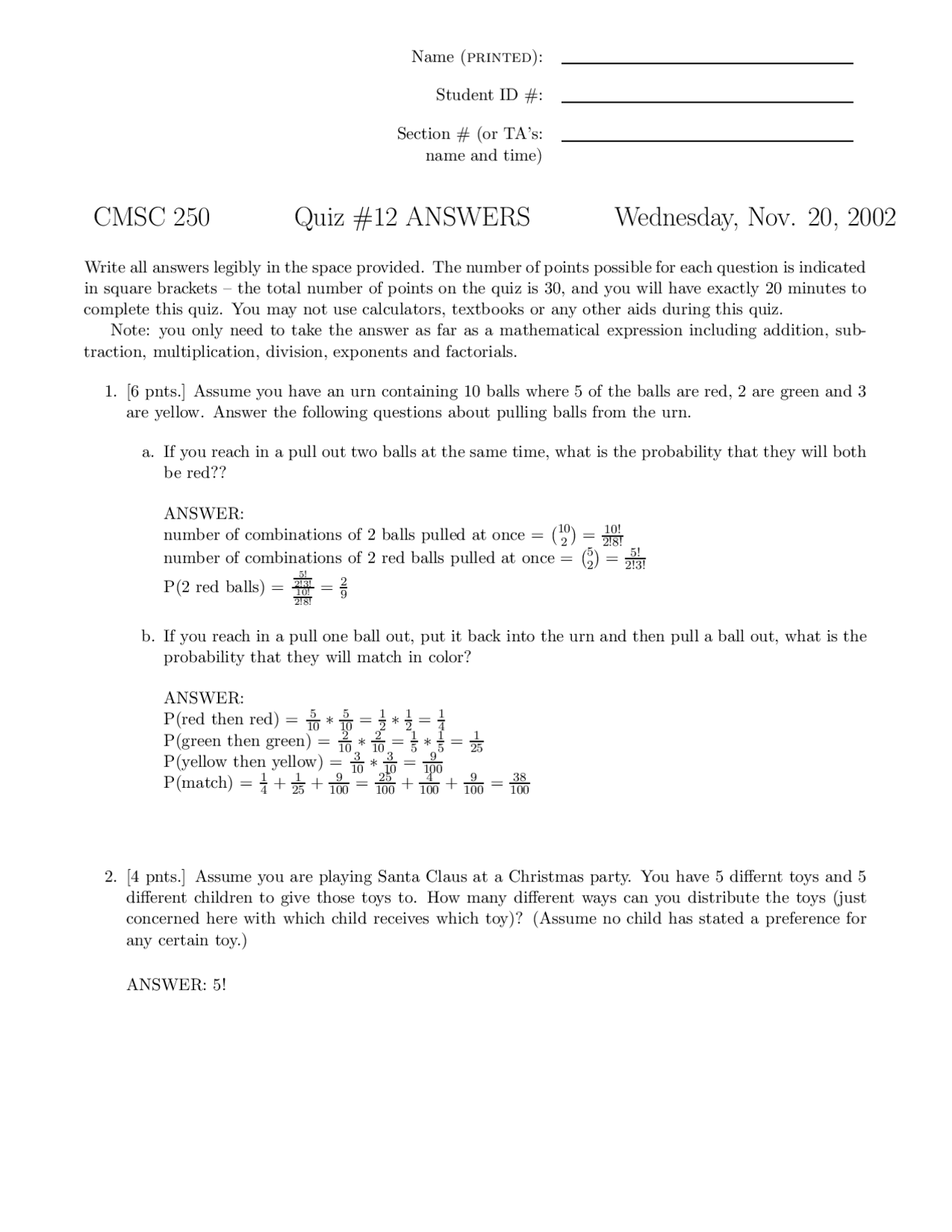 Quiz 12 With Answers Discrete Structures 2002 Cmsc 250 Docsity