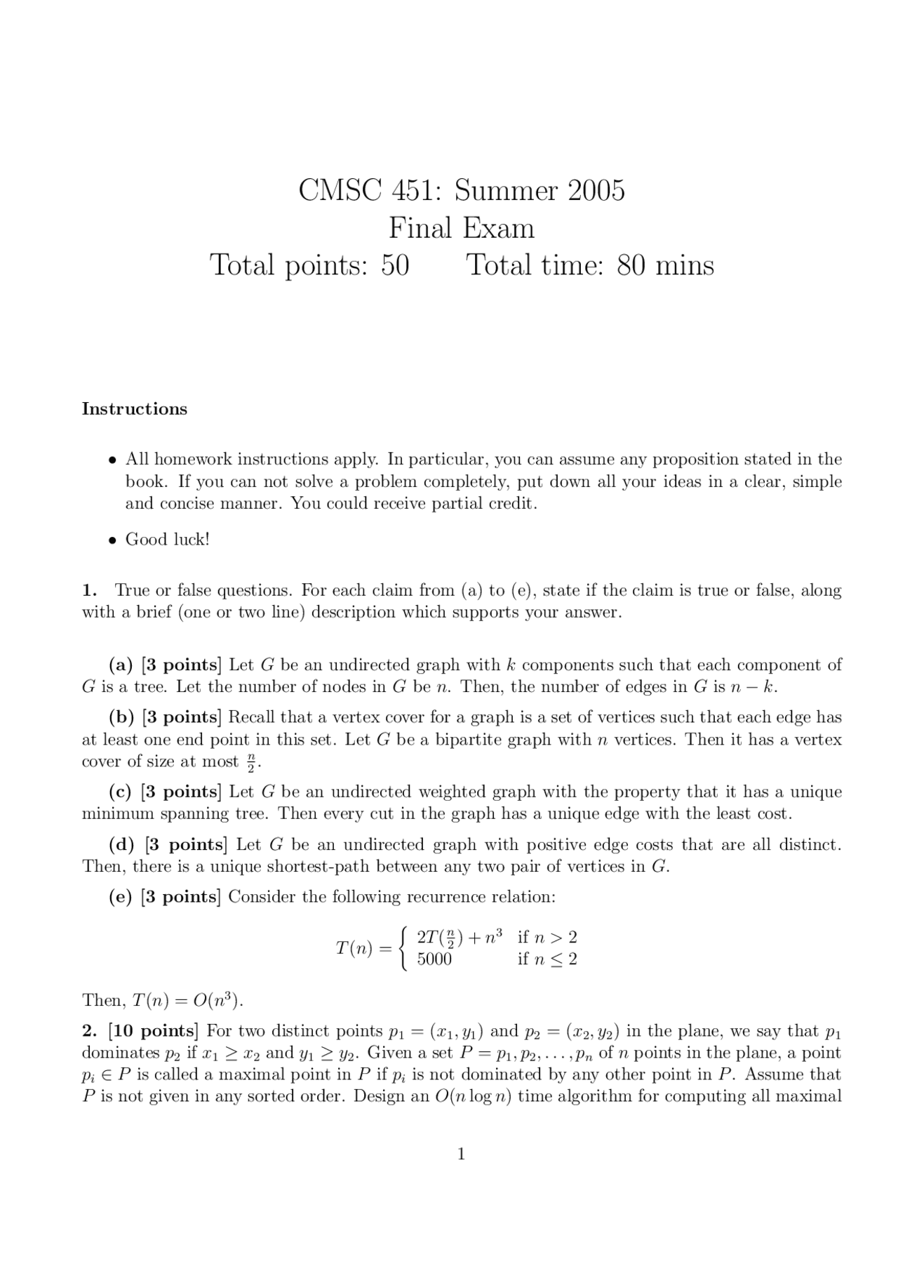 Final Exam For Design And Analysis Of Computer Algorithms Cmsc 451