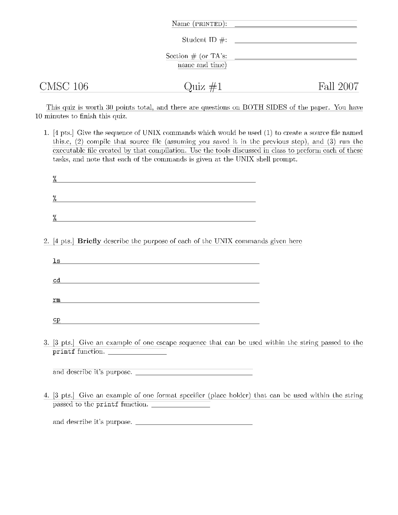 Multiple Choice Questions Of Computer Programming Quiz 1 Cmsc 106