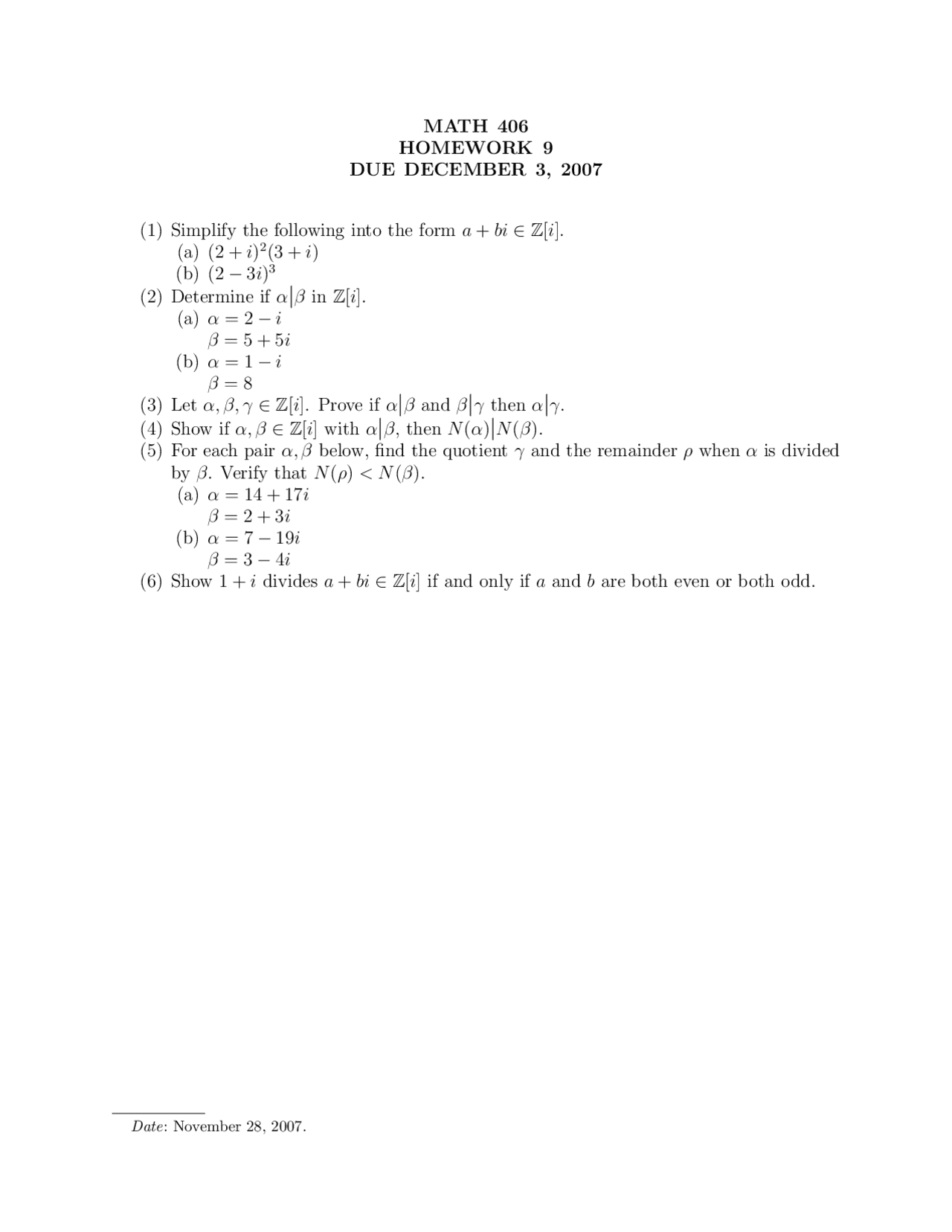 Introduction To Number Theory Homework 9 Math 406 Docsity