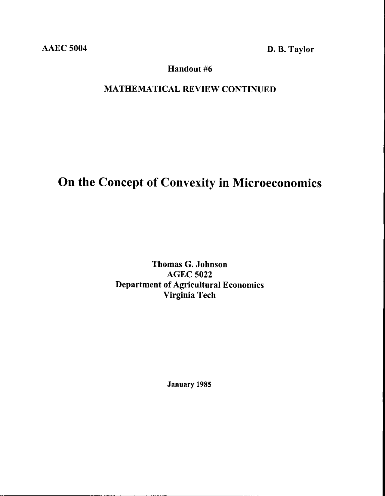 On the Concept of Convexity in Microeconomics - Handout 6 | AAEC 5004 - Docsity