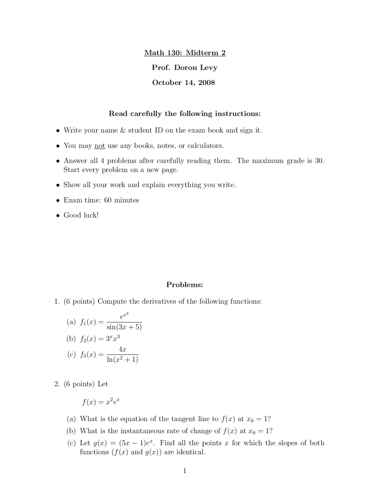 Calculus 1 For Life Science Midterm Exam 2 Problems Math 130 Docsity
