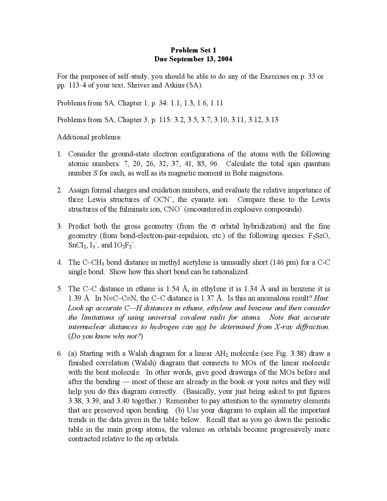 Problem Set 1 For Inorganic Chemistry Chem 462 Docsity