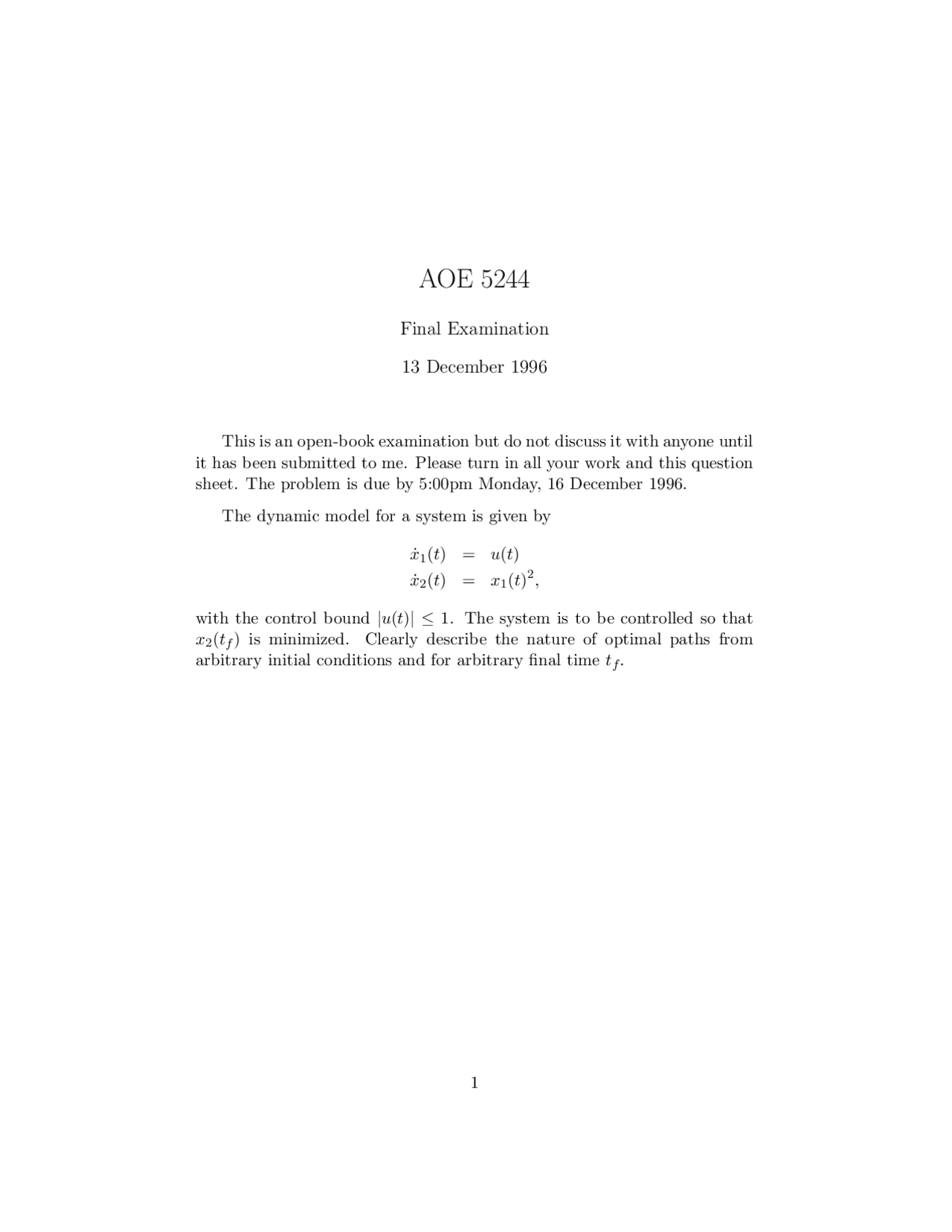 Describe Nature of Optimal Paths from Arbitrary Conditions | AOE 5244 - Docsity