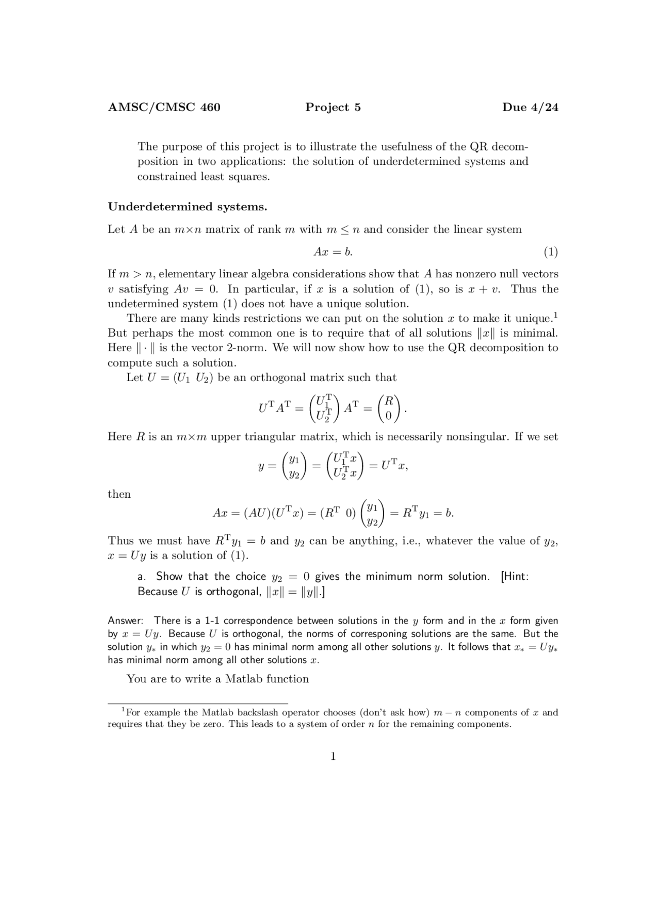 Illustrate the Usefulness of the QR Decomposition in Two Applications | CMSC 460 - Docsity