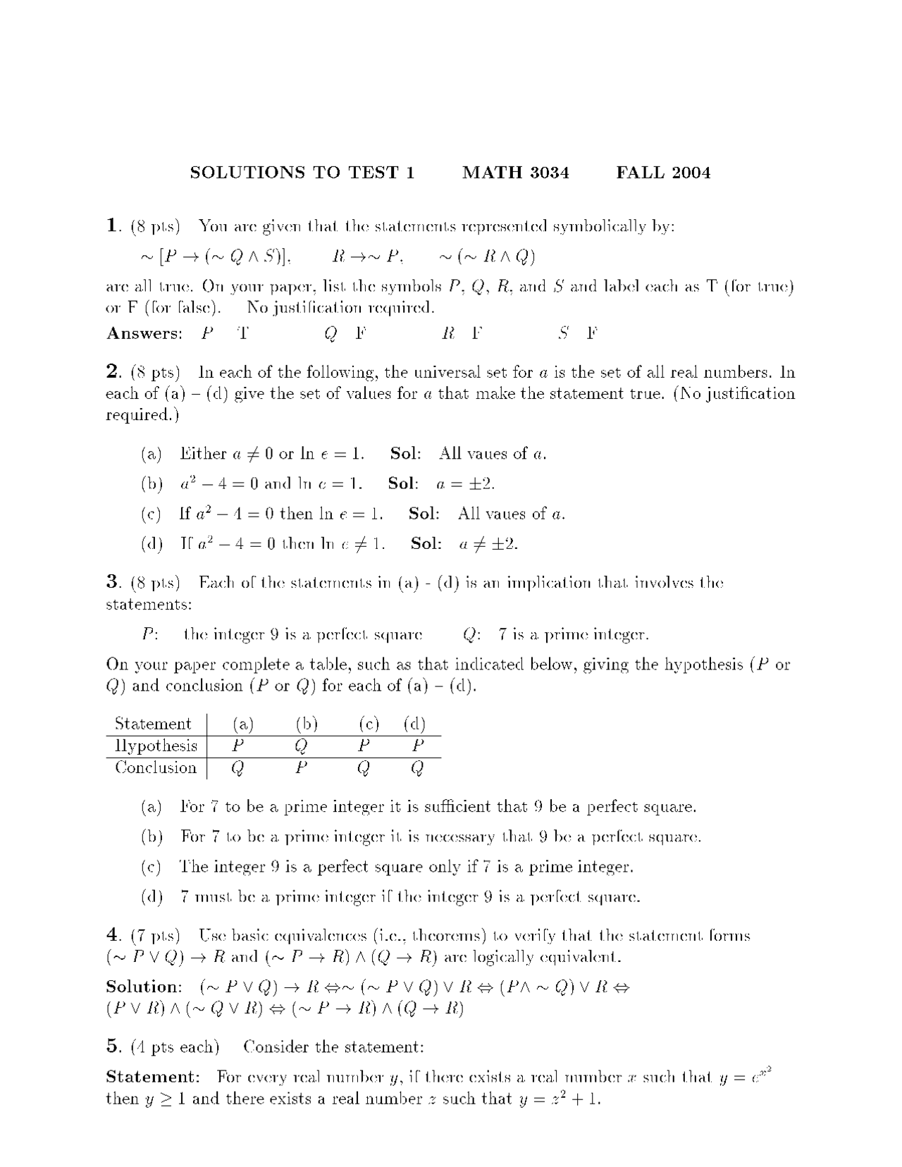 Solutions To Math Test 1 Fall 2004 Math 3034 Docsity