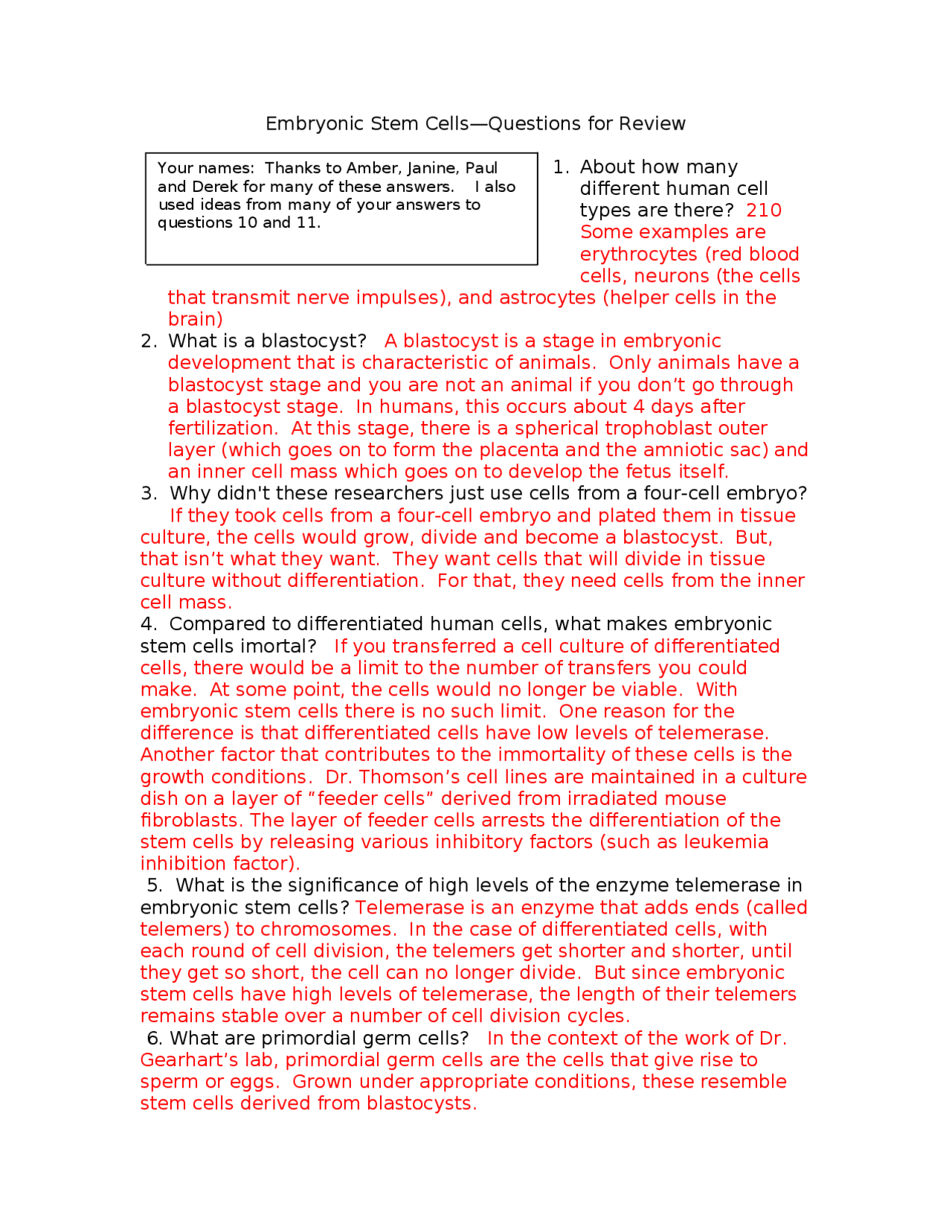 Embryonic Stem Cells-Questions for Review | ISAT 350 - Docsity