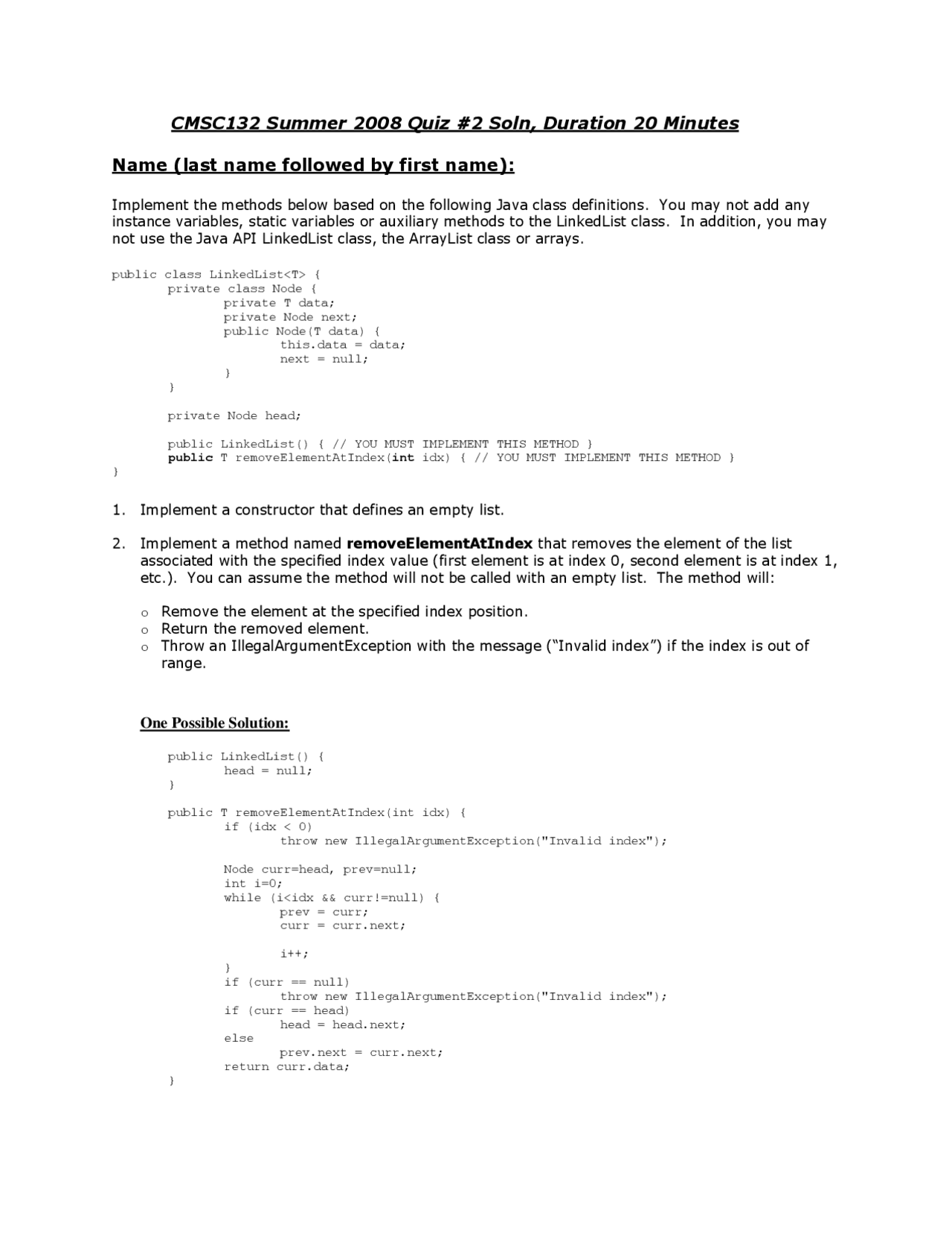 Quiz 6 With Solution Object Oriented Programming I Summer 2008 4752