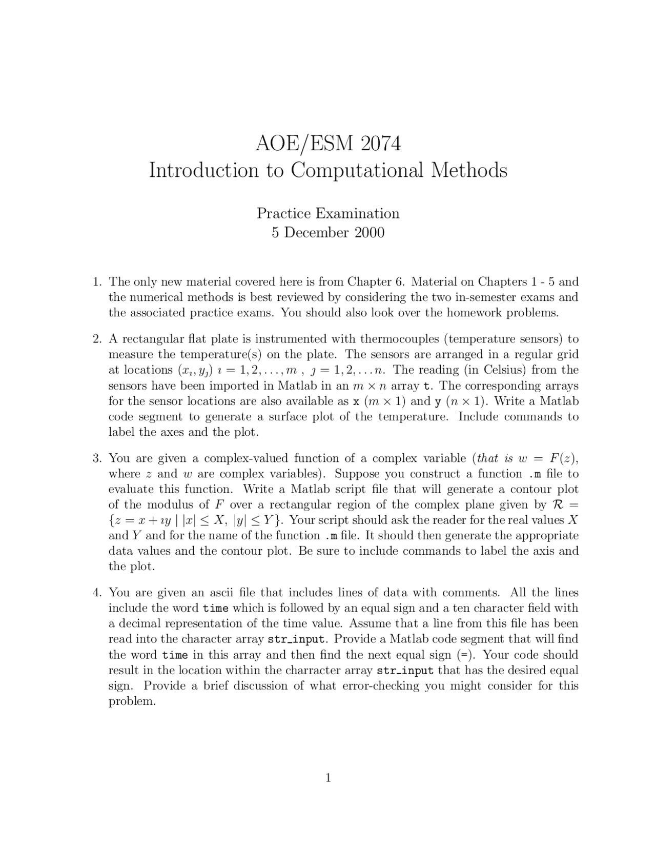 Practice Exam Introduction Computational Methods Aoe 2074 Docsity