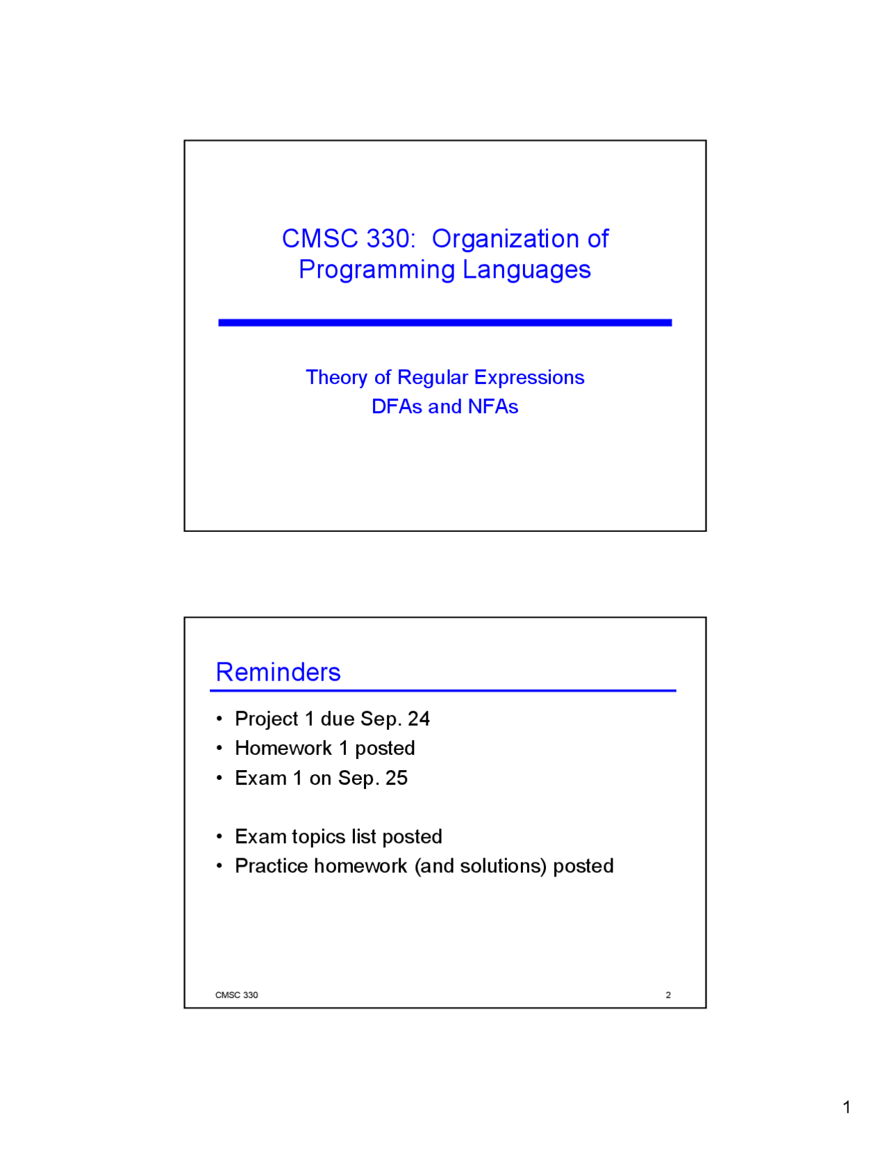 Slides On Theory Of Regular Expressions Dfas And Nfas Cmsc 330 Docsity
