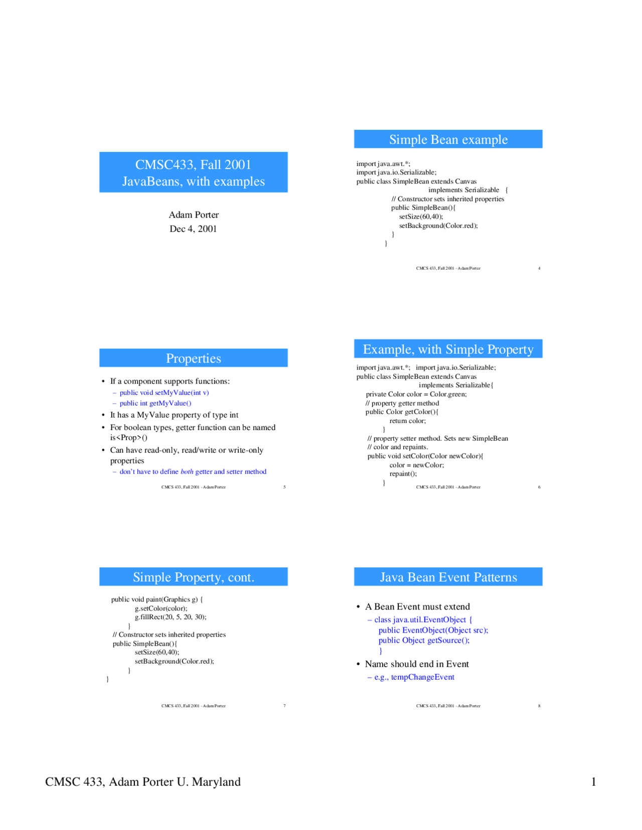 JavaBeans, with Examples - Lecture Slides | CMSC 433 - Docsity JavaBeans, with Examples - Lecture Slides | CMSC 433 - Docsity