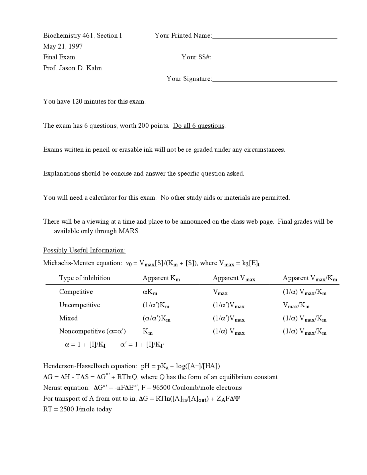 Final Exam With Problems Biochemistry I Bchm 461 Docsity