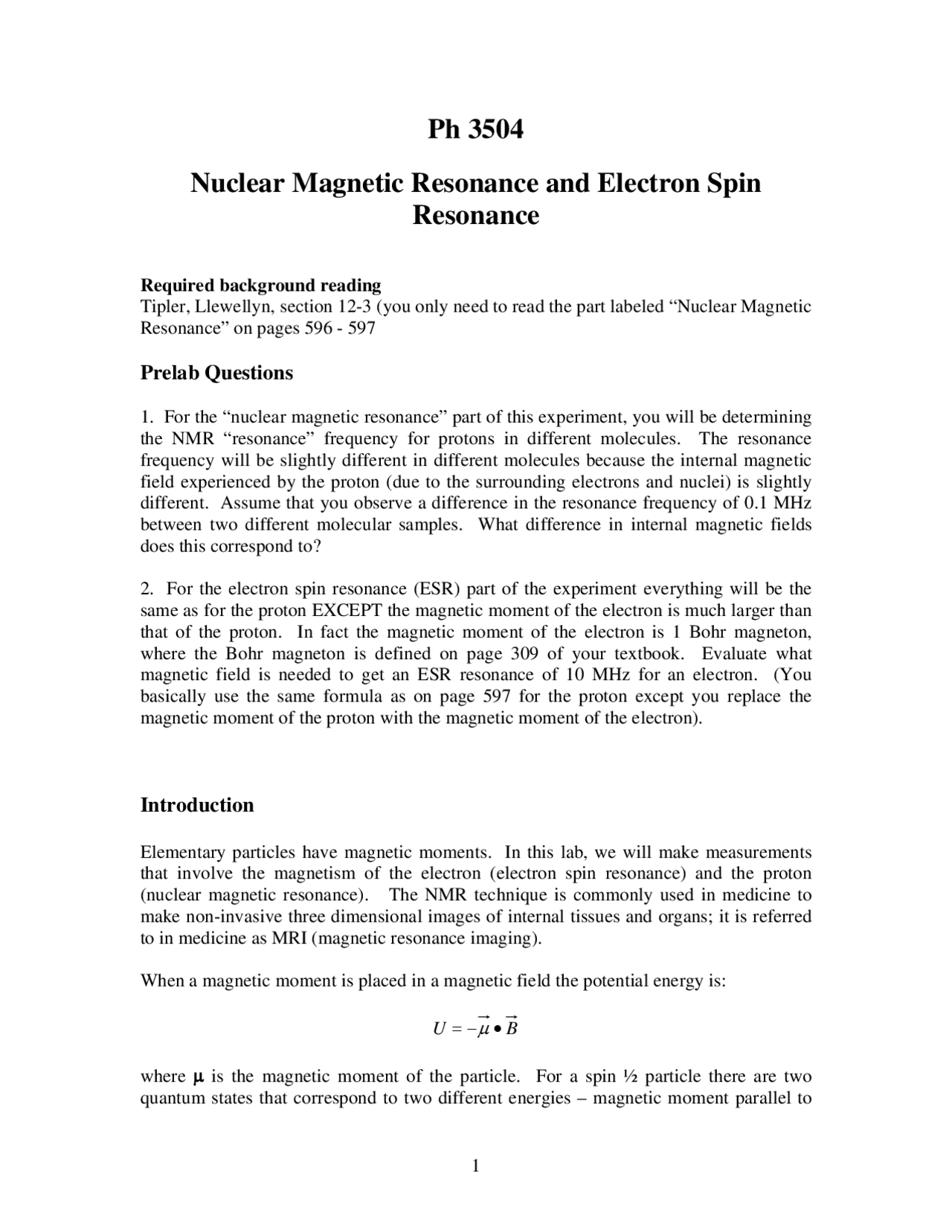 Nuclear Magnetic Resonance and Electron Spin Resonance - Study Notes ...