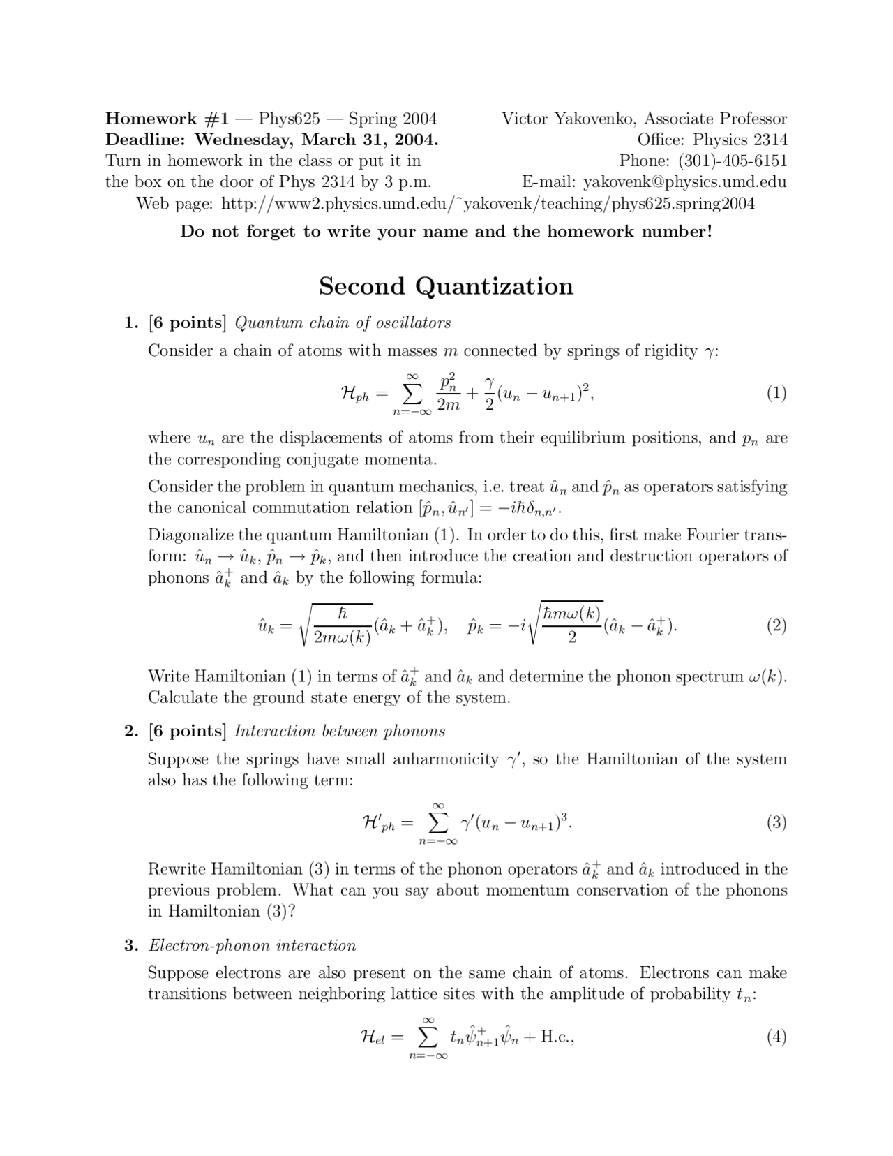 Homework 1 Second Quantization Non Relativistic Quantization Phys 625 Assignments Physics