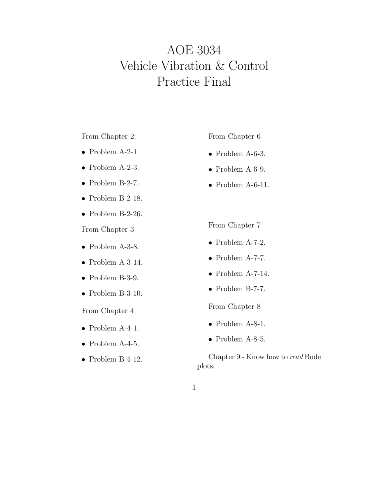 Vehicle Vibration And Control Practice Final Aoe 3034 Docsity
