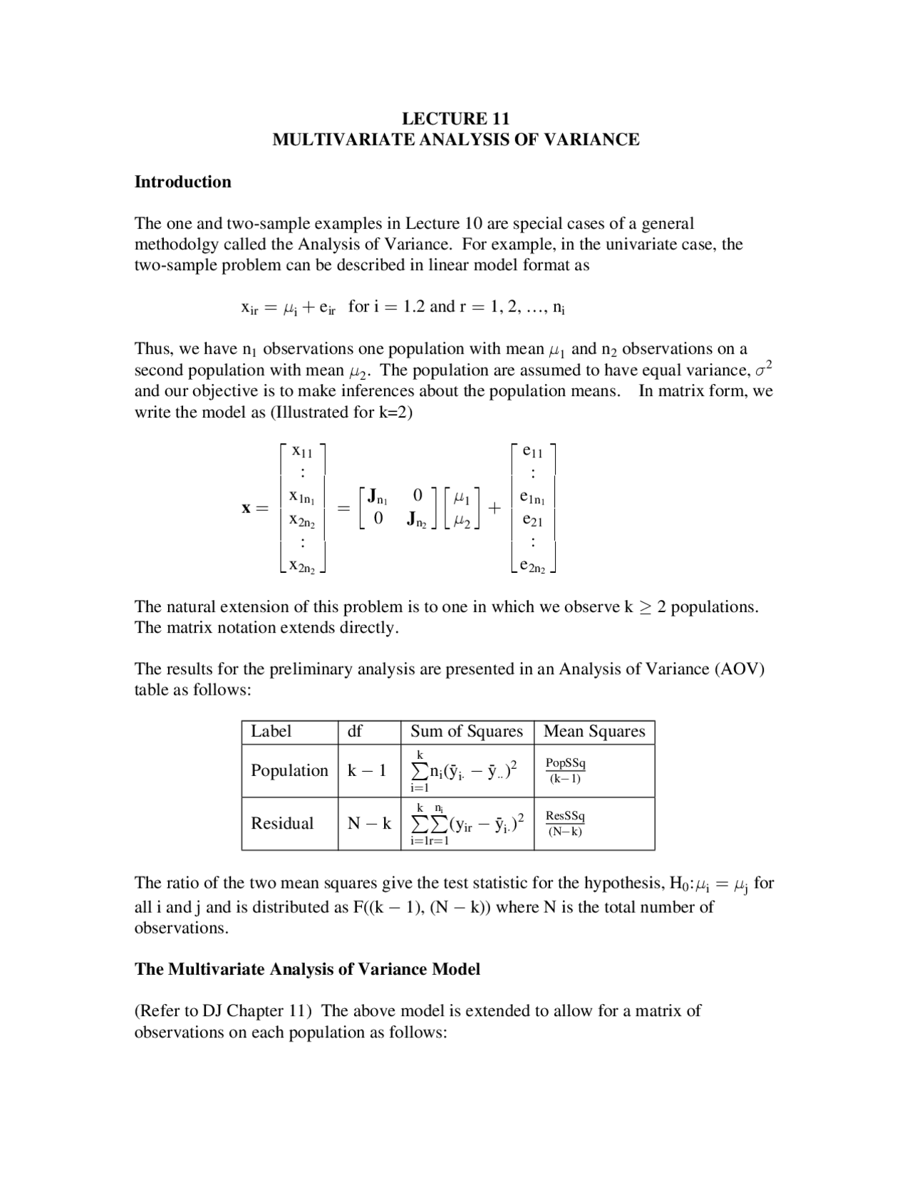 Multivariate Analysis Of Variance Lecture Notes Stat 636 Docsity